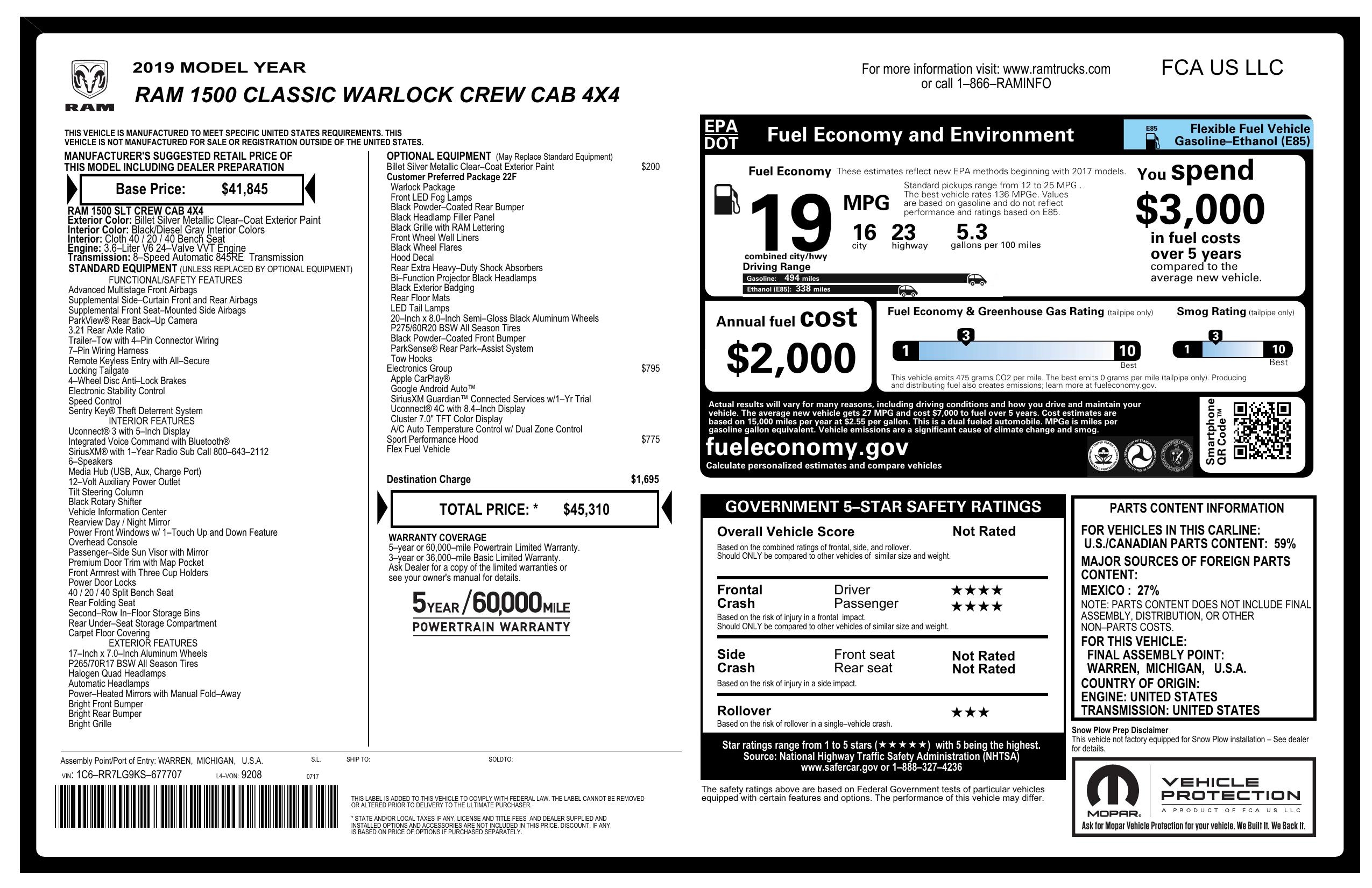 Window Sticker for 2019 Ram 1500 Classic Warlock 4x4 Crew Cab 5'7" Box