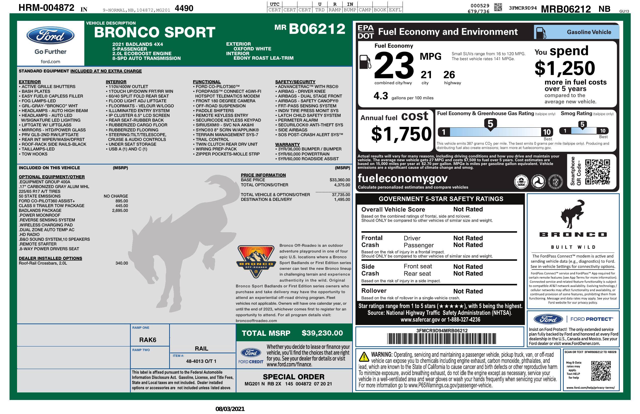 Window Sticker for 2021 Ford Bronco Sport Badlands 4x4 *Ltd Avail*