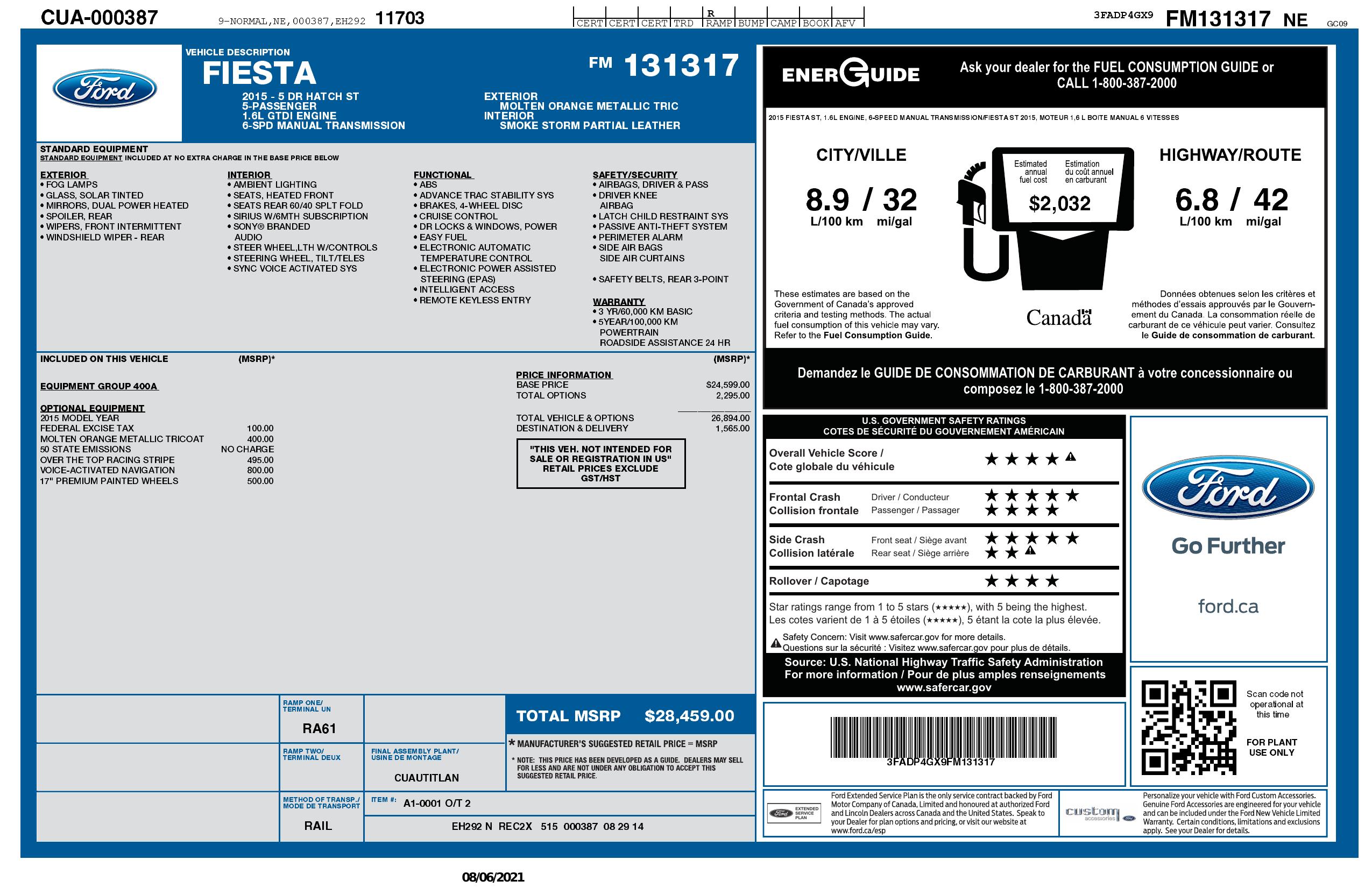 Window Sticker for 2015 Ford Fiesta 5dr Hb St