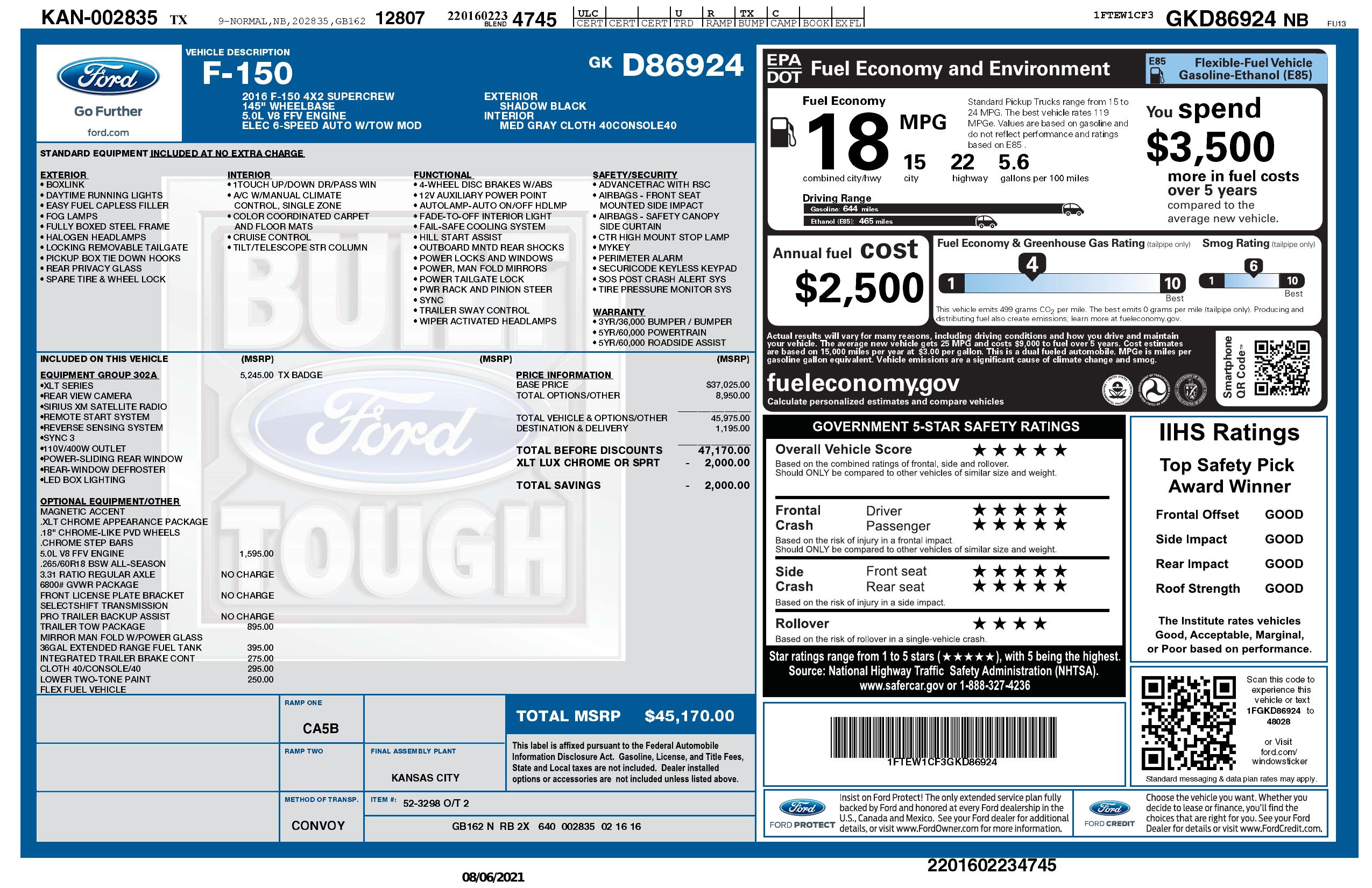 Window Sticker for 2016 Ford F 150 2 Wd Super Crew