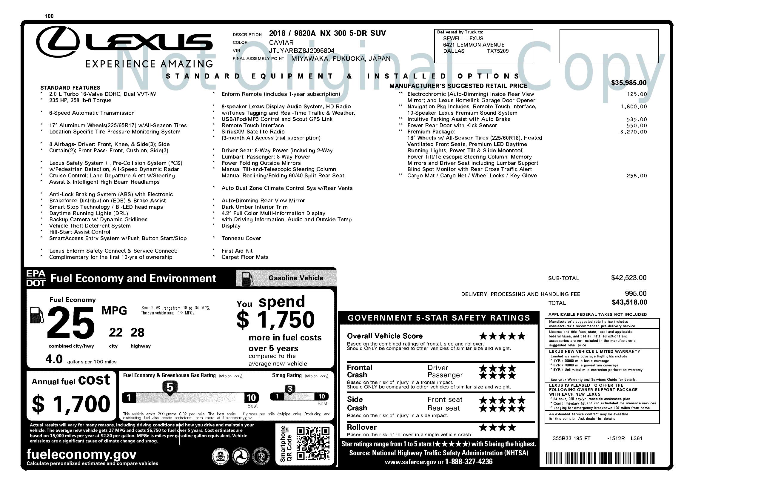 Window Sticker for 2018 Lexus Nx Nx 300 Fwd