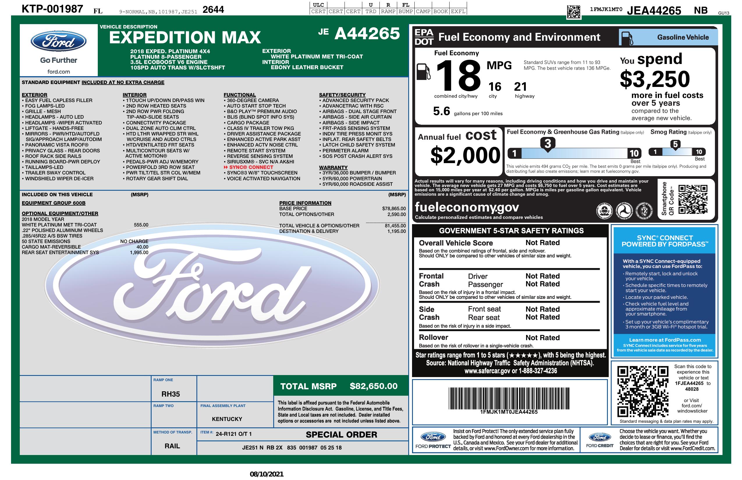 Window Sticker for 2018 Ford Expedition Max Platinum 4x4