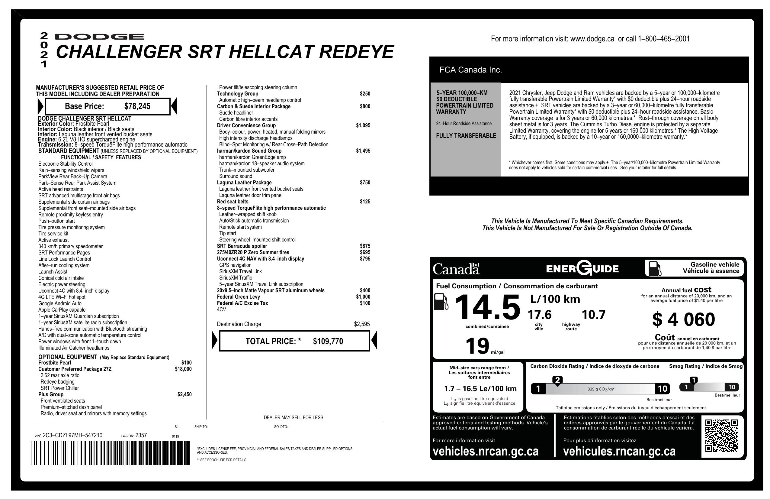 Window Sticker for 2021 Dodge Challenger Srt Rwd