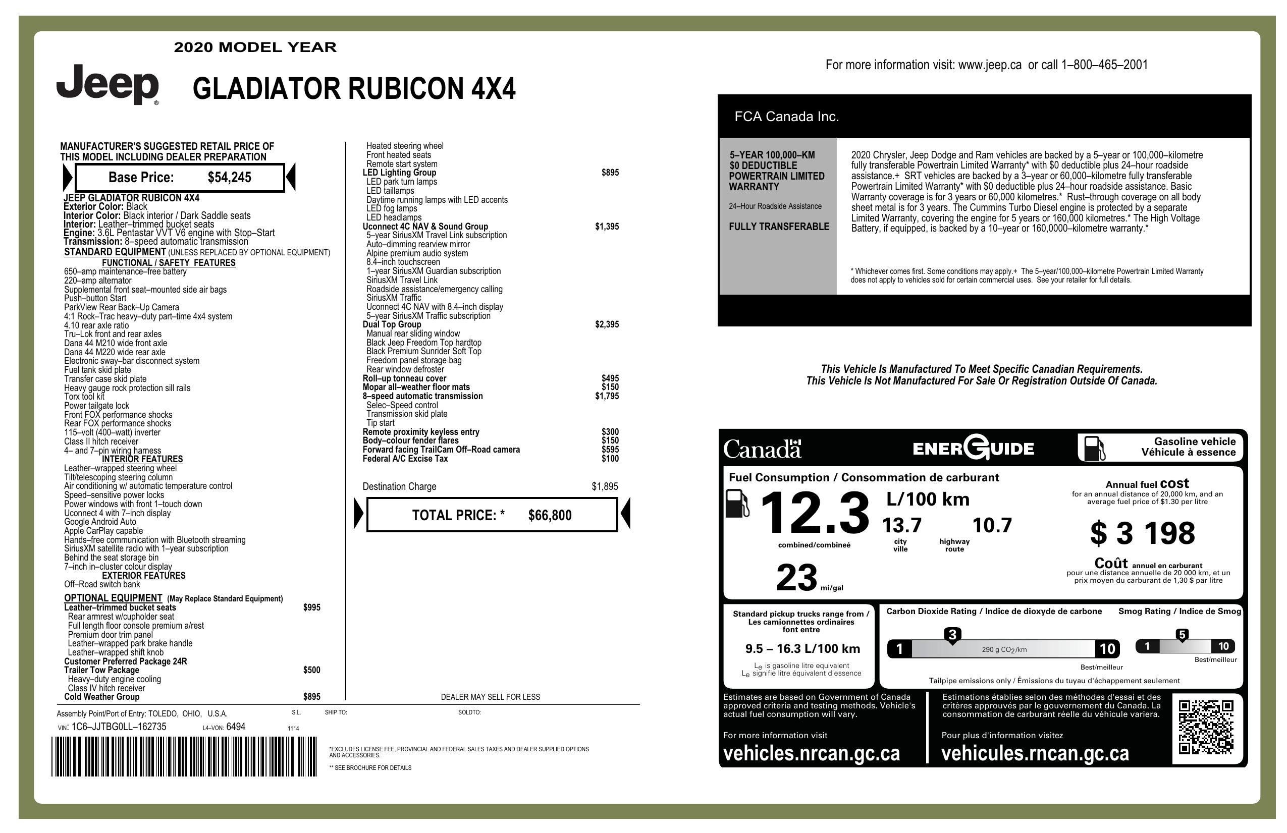 Window Sticker for 2020 Jeep Gladiator Rubicon 4x4