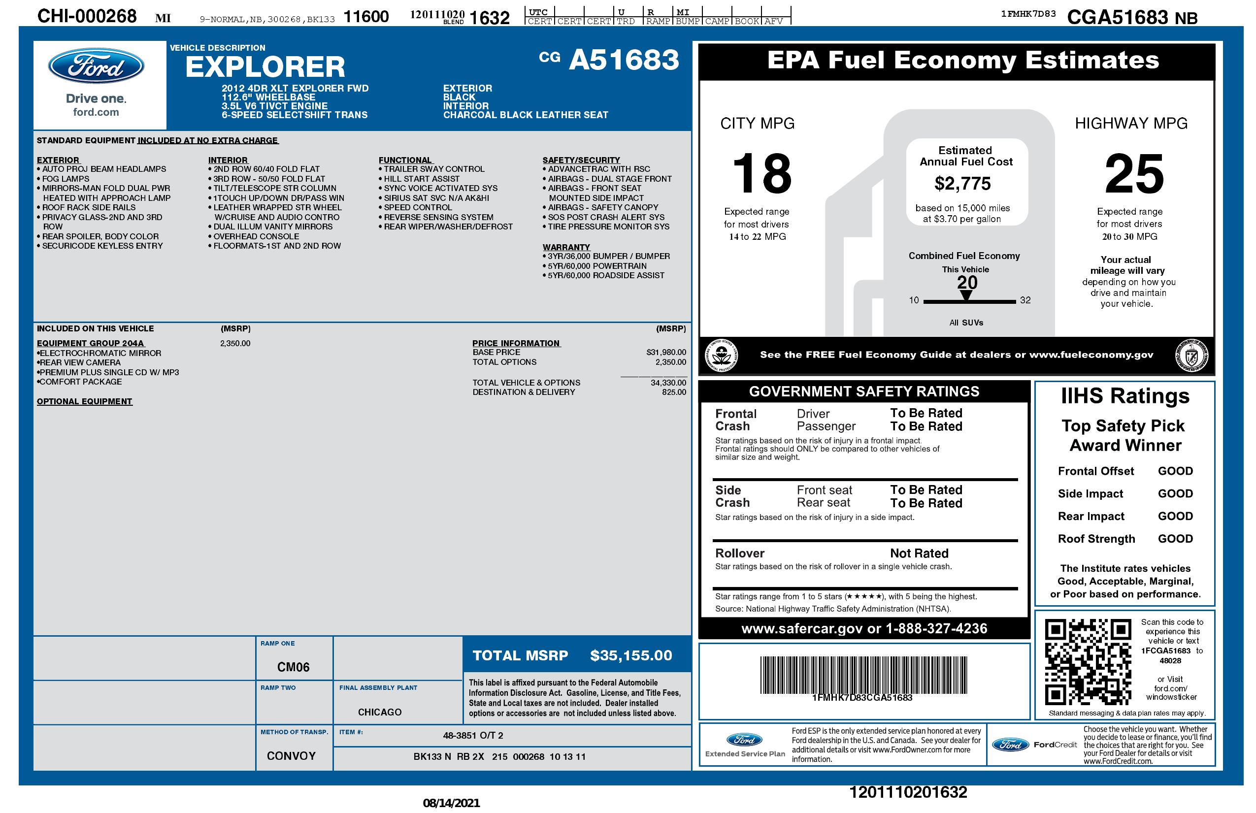Window Sticker for 2012 Ford Explorer Fwd 4dr Xlt