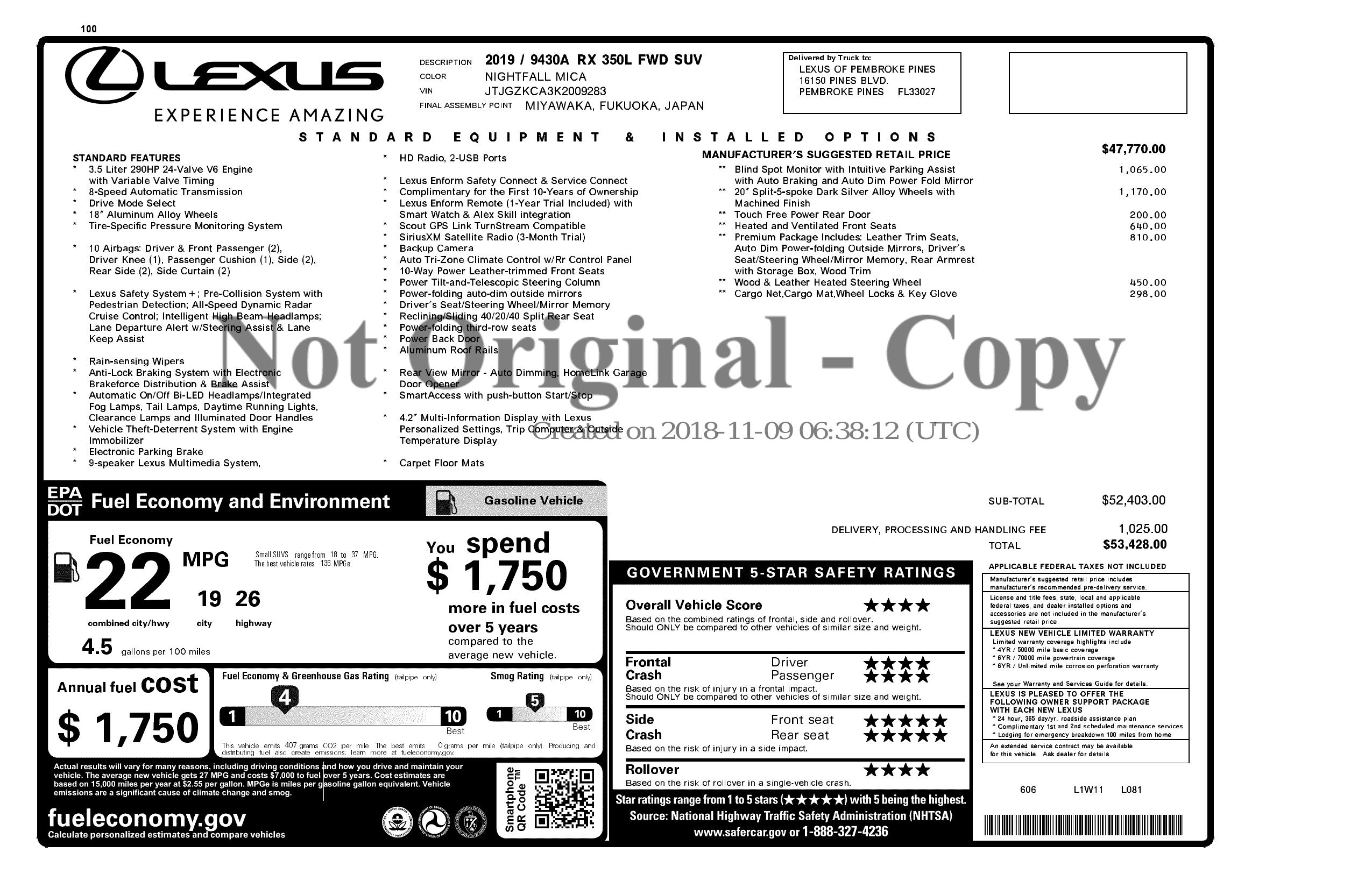 Window Sticker for 2019 Lexus Rx Rx 350 L Fwd