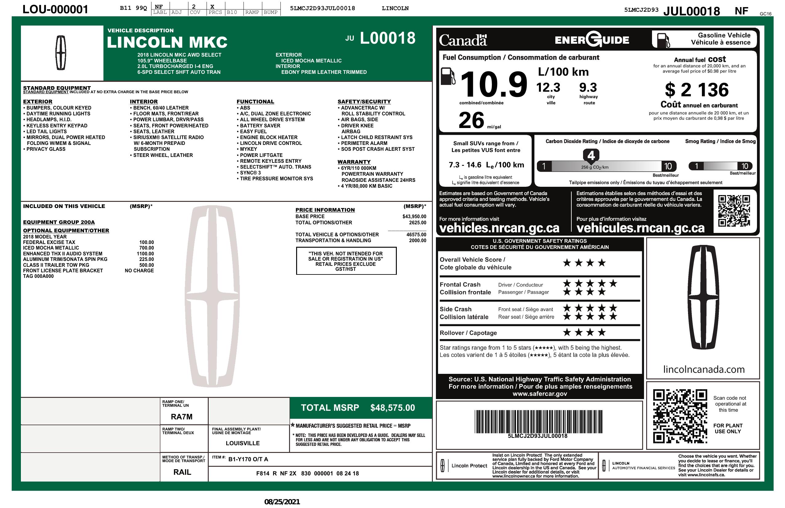 Window Sticker for 2018 Lincoln Mkc Select Awd