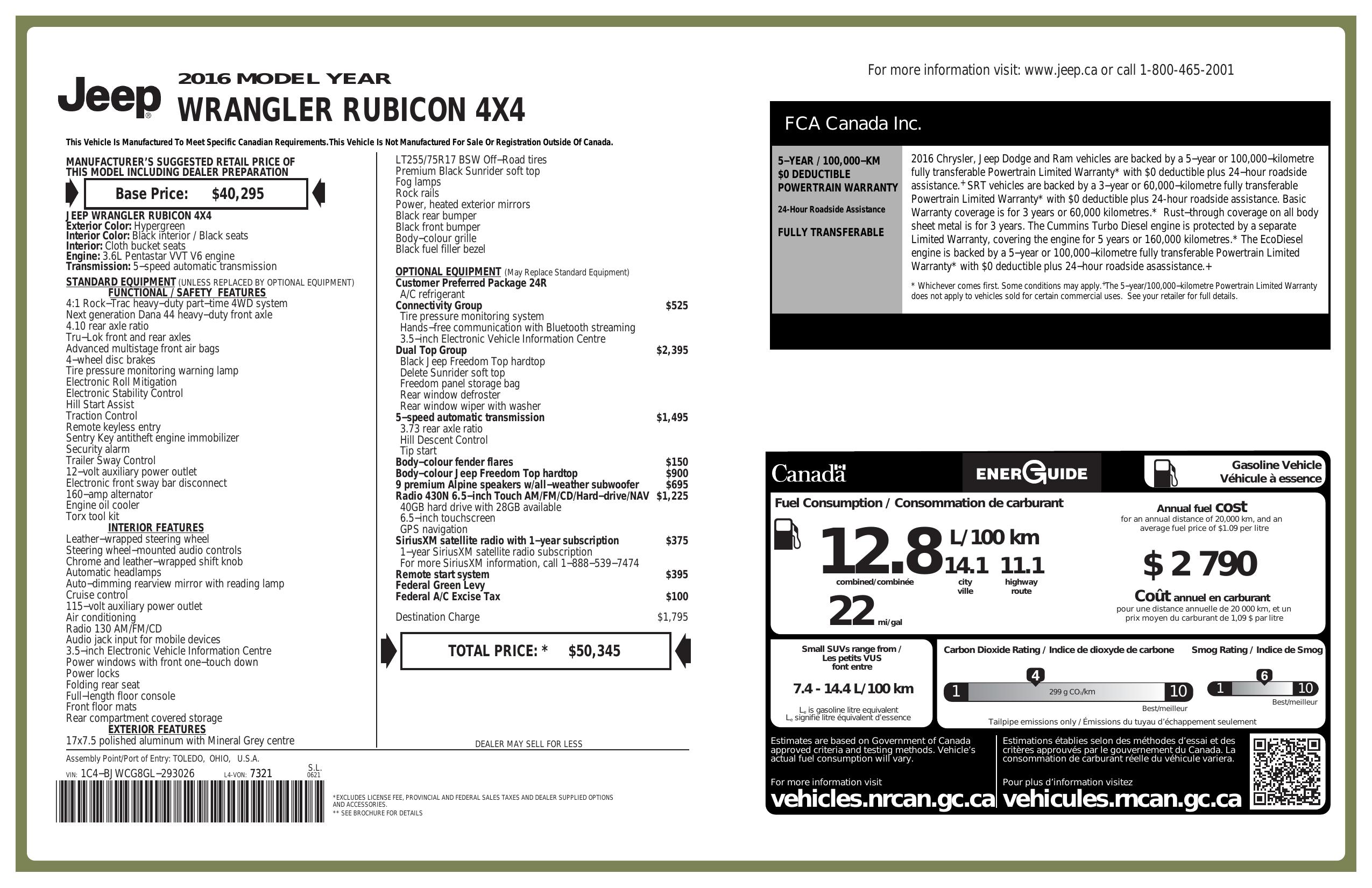 Window Sticker for 2016 Jeep Wrangler 4 Wd 2dr Rubicon