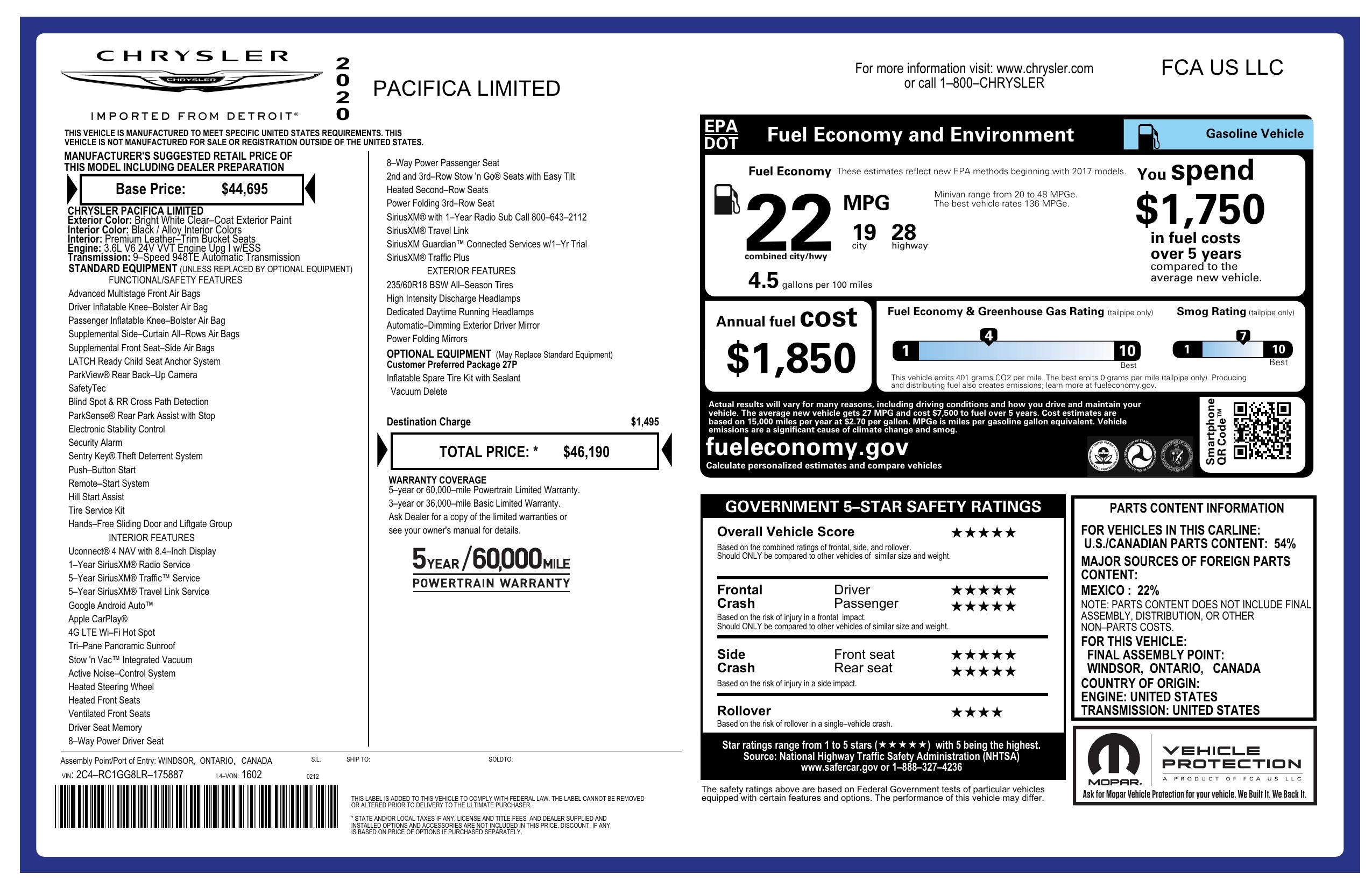Window Sticker for 2020 Chrysler Pacifica Limited Fwd