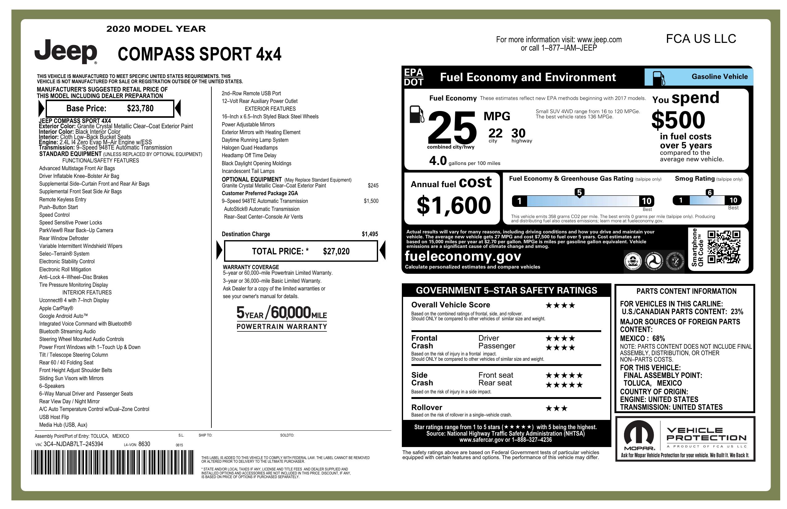 Window Sticker for 2020 Jeep Compass Sport 4x4