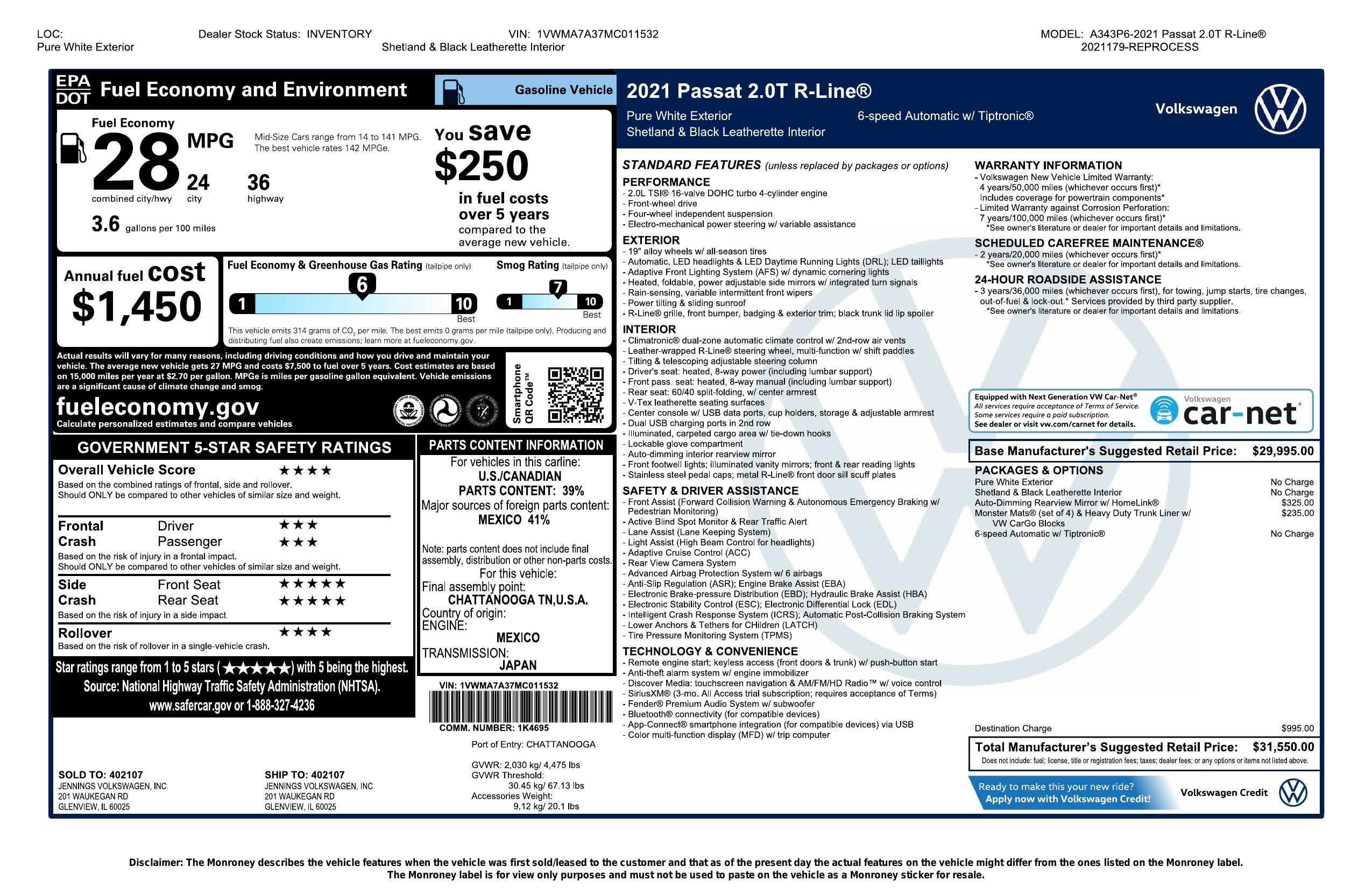 Window Sticker for 2021 Volkswagen Passat 2.0 T R Line Auto