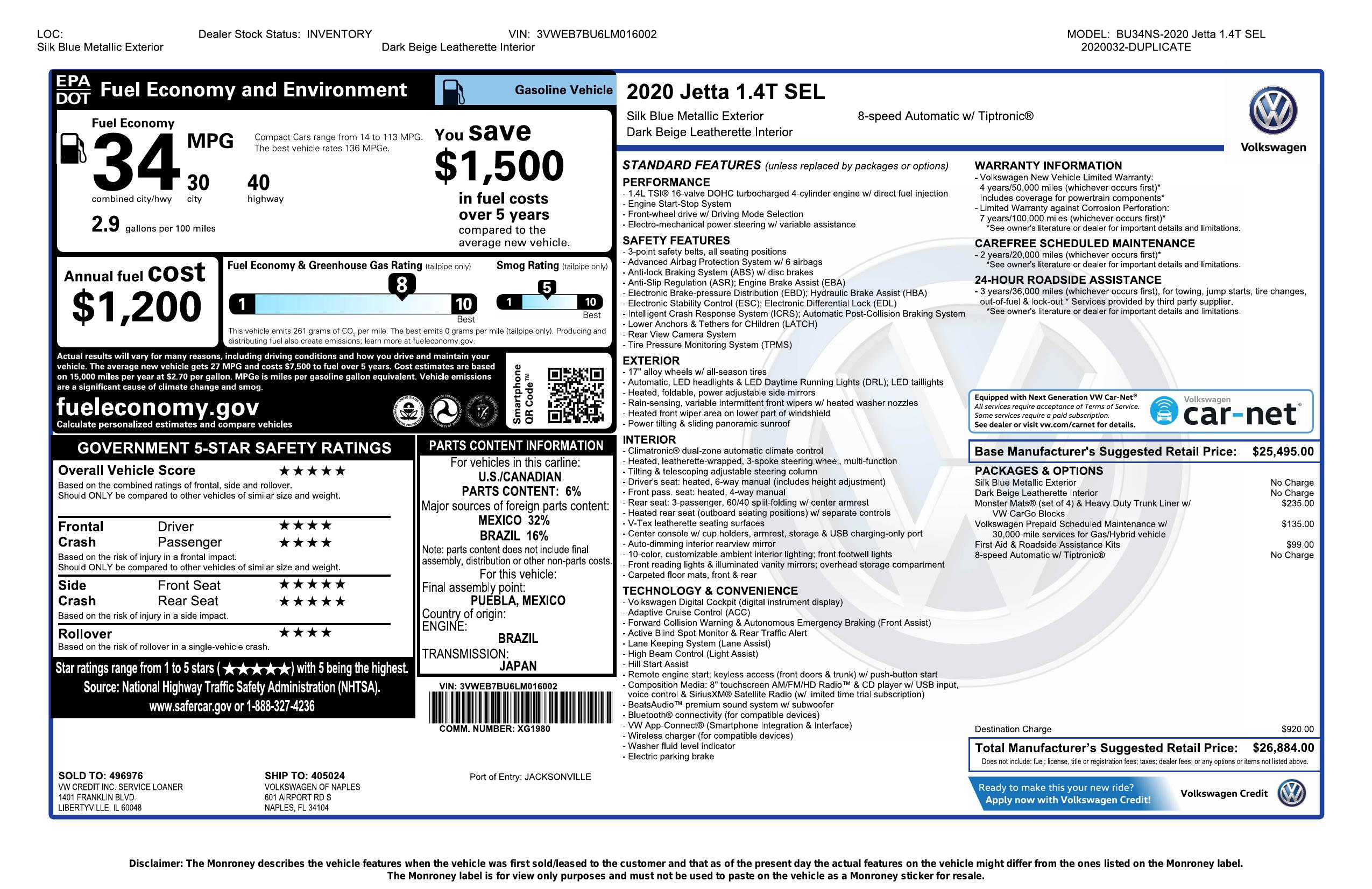 Window Sticker for 2020 Volkswagen Jetta Sel Auto