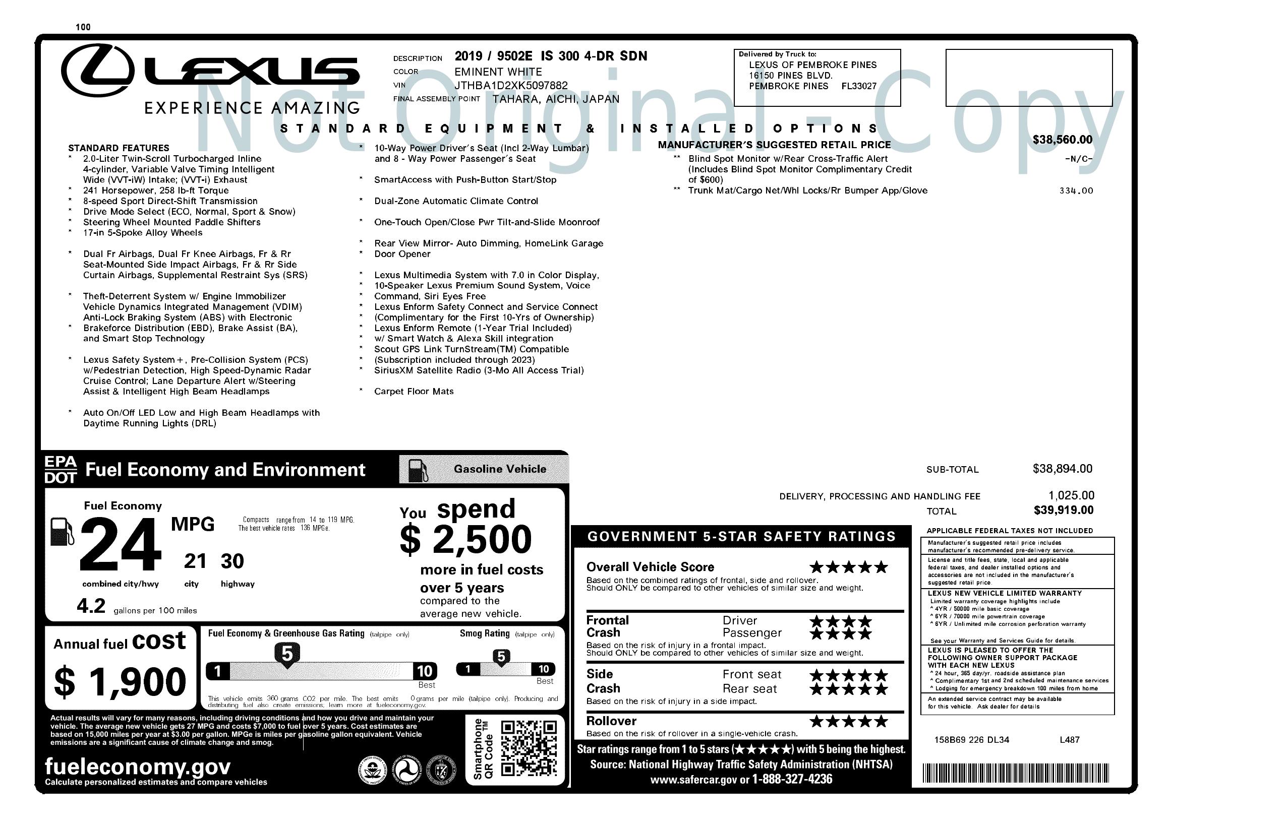 Window Sticker for 2019 Lexus Is Is 300 Rwd