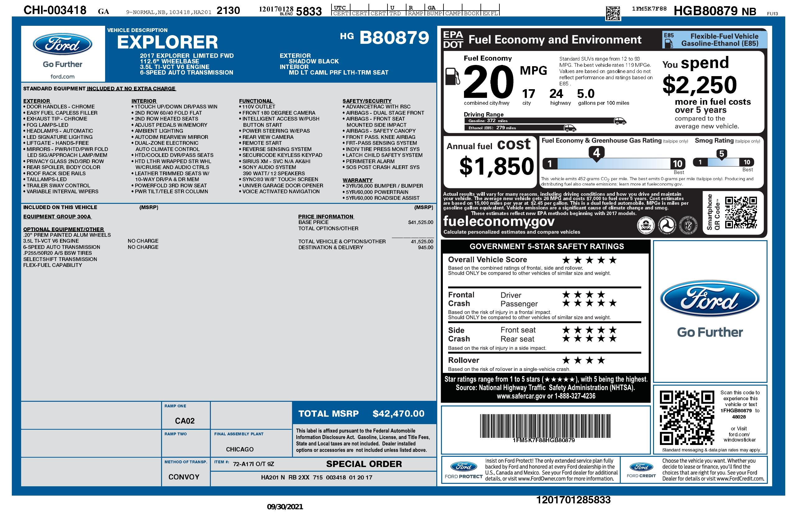Window Sticker for 2017 Ford Explorer Limited Fwd