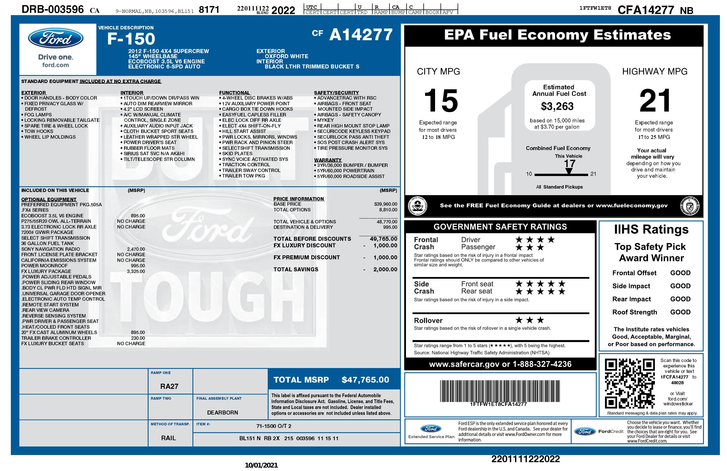 Window Sticker for 2012 Ford F 150 4 Wd Super Crew