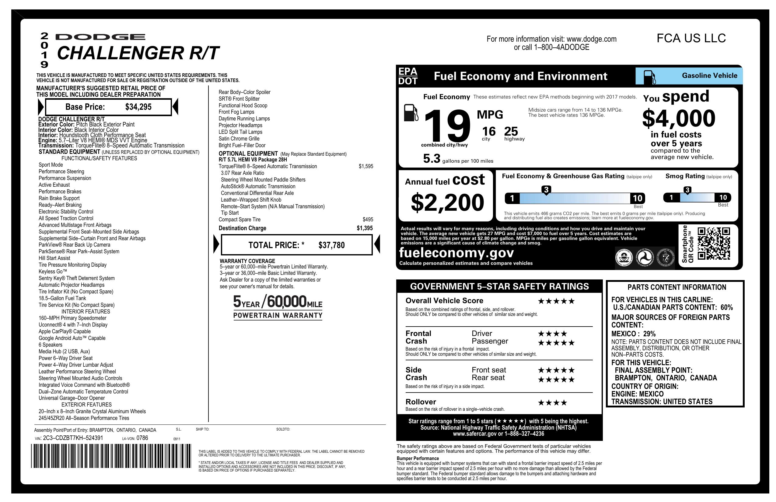 Window Sticker for 2019 Dodge Challenger R/T Rwd
