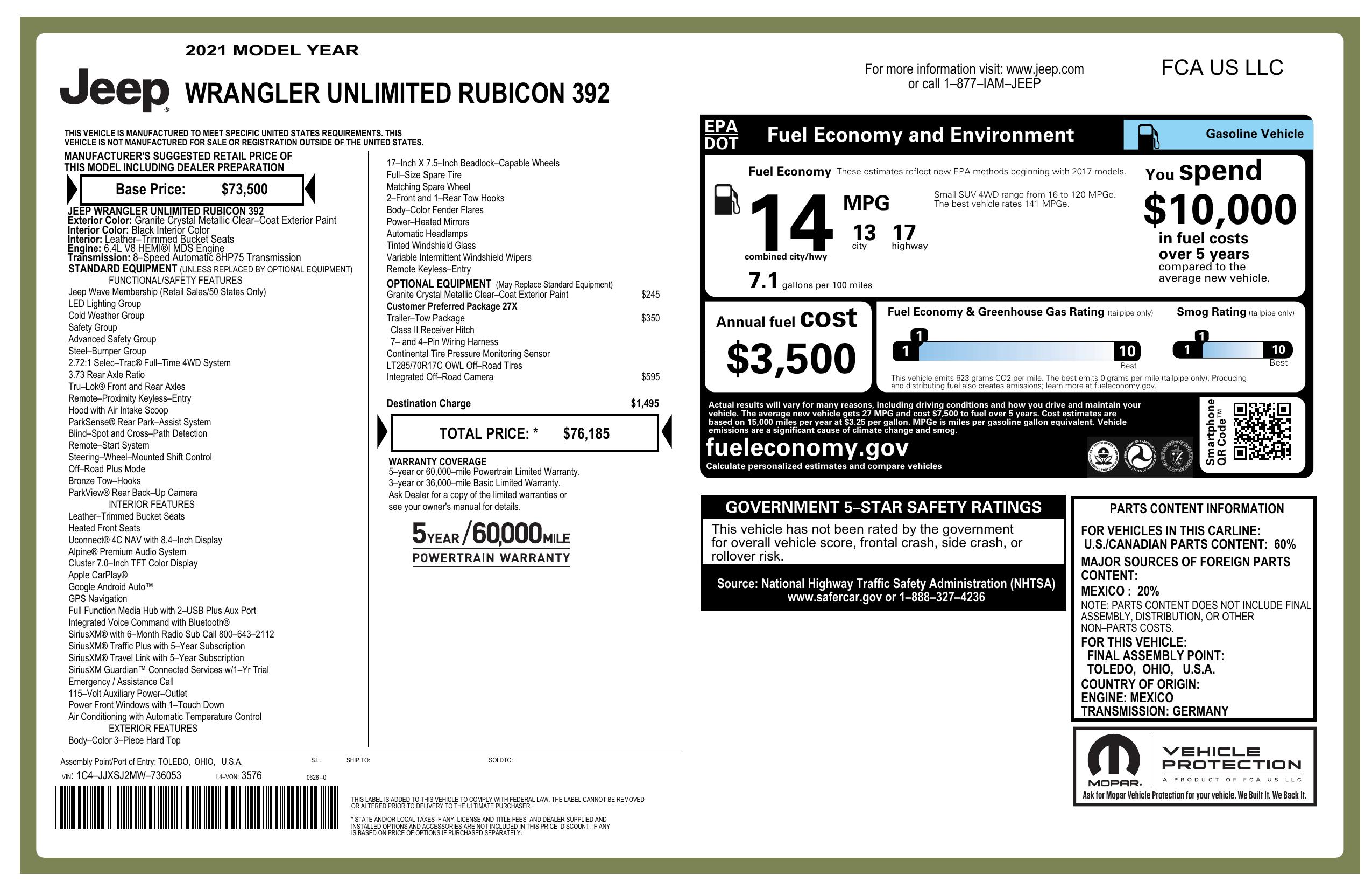 Window Sticker for 2021 Jeep Wrangler Unlimited Rubicon 392 4x4