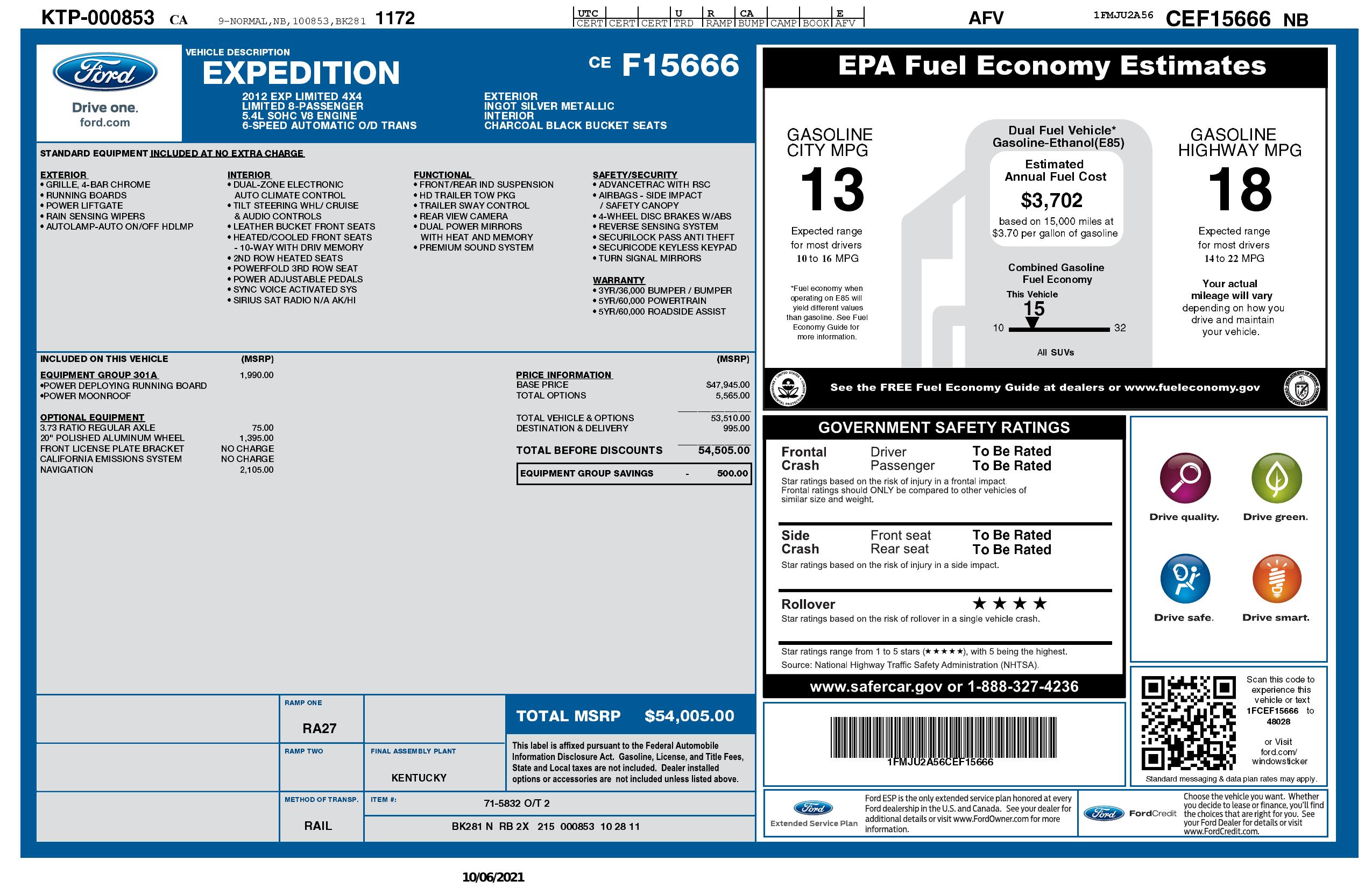 Window Sticker for 2012 Ford Expedition 4 Wd 4dr Limited