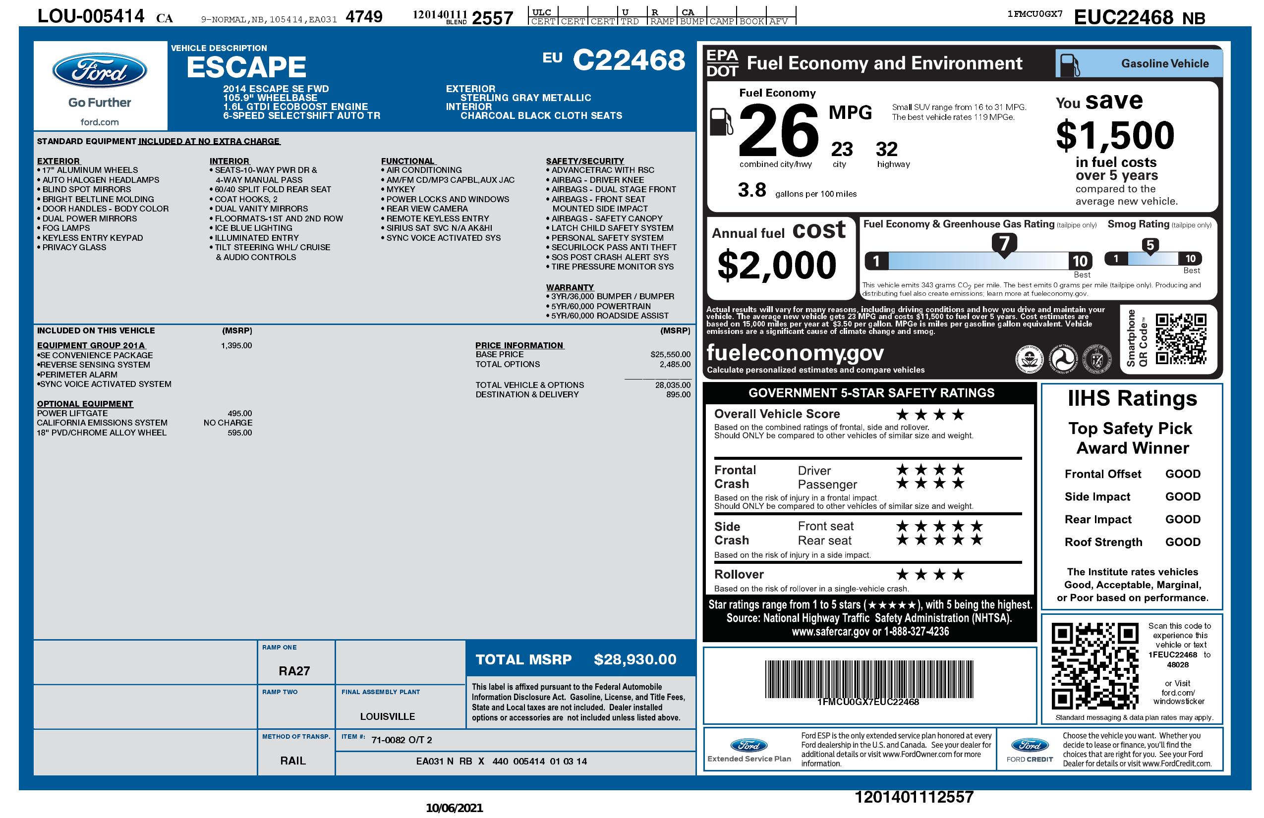 Window Sticker for 2014 Ford Escape Fwd 4dr Se