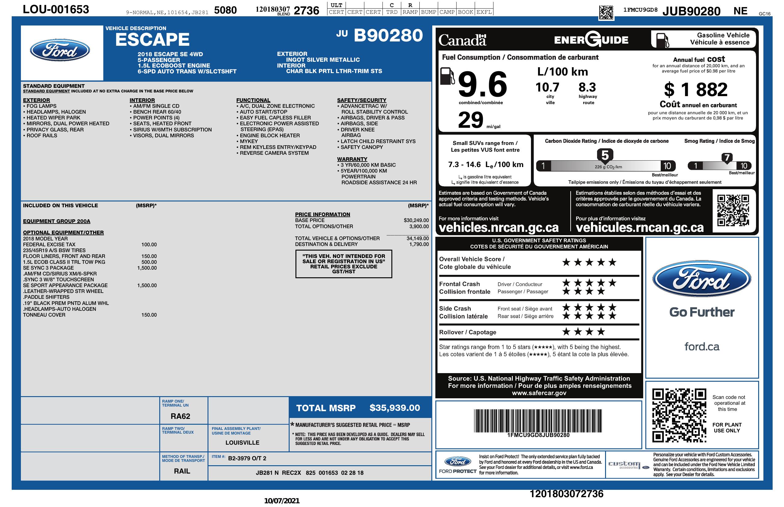 Window Sticker for 2018 Ford Escape Se 4 Wd