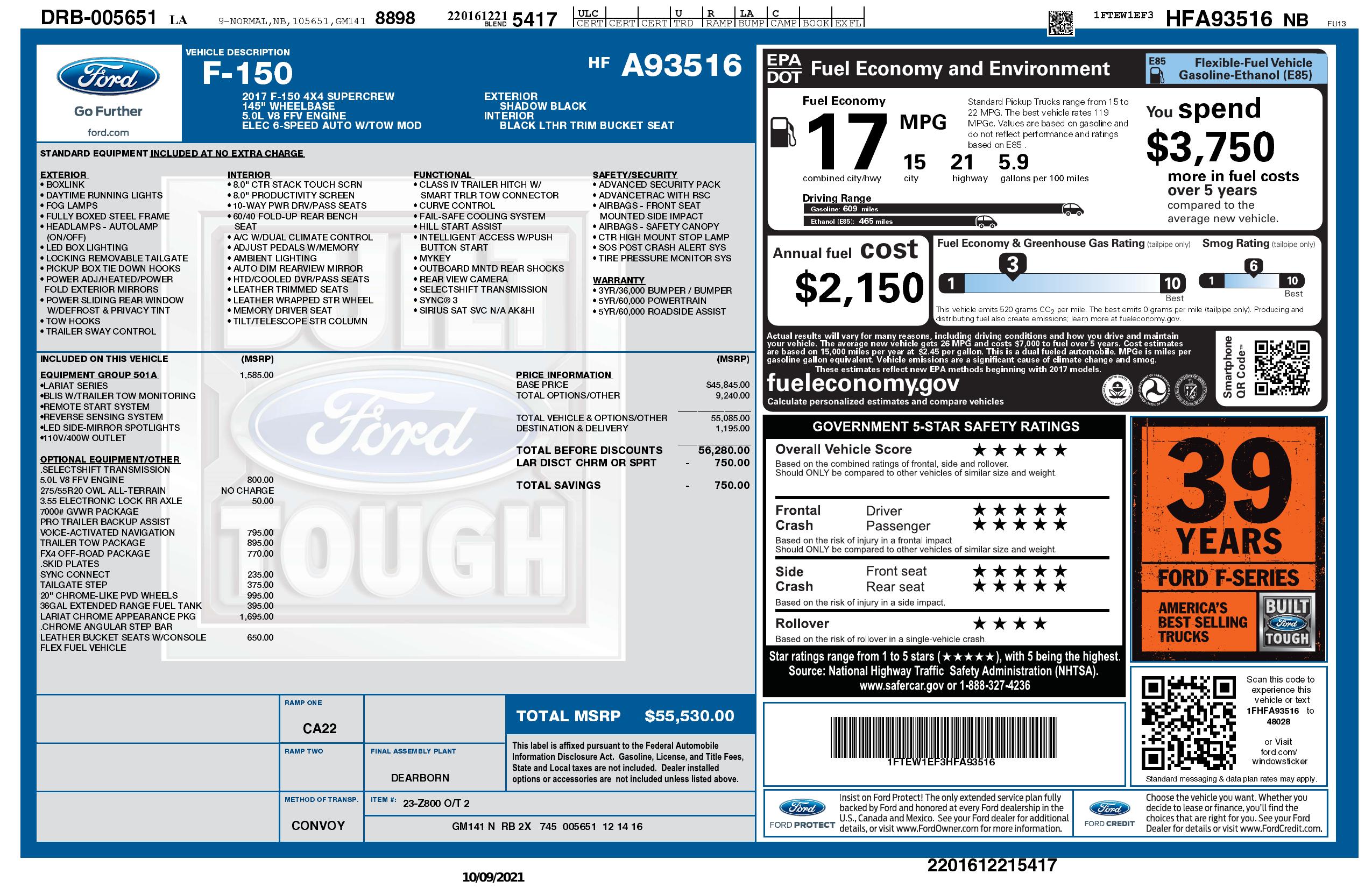 Window Sticker for 2017 Ford F 150 Lariat 4 Wd Super Crew 5.5' Box