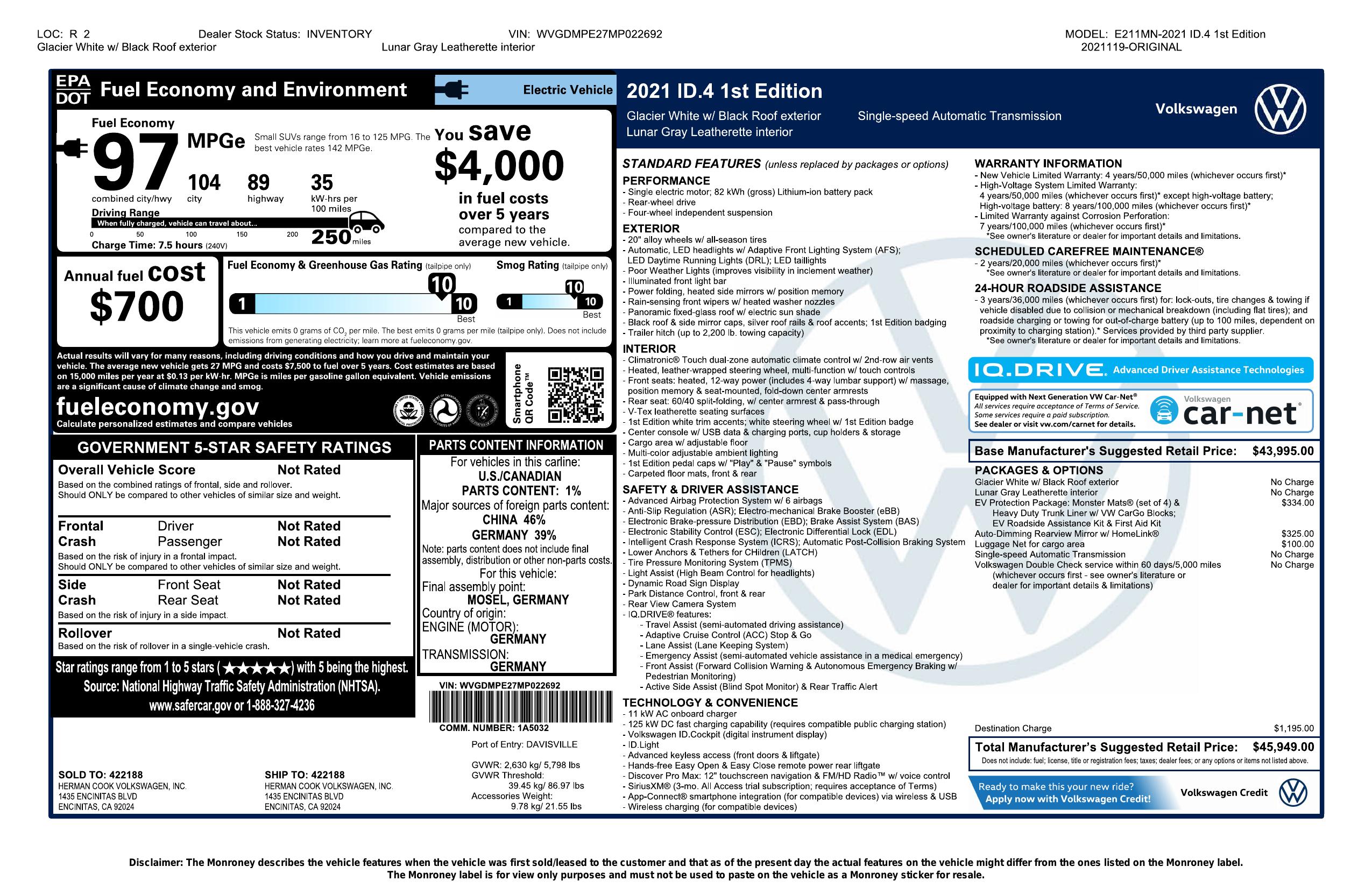 Window Sticker for 2021 Volkswagen Id.4 1st Edition Rwd