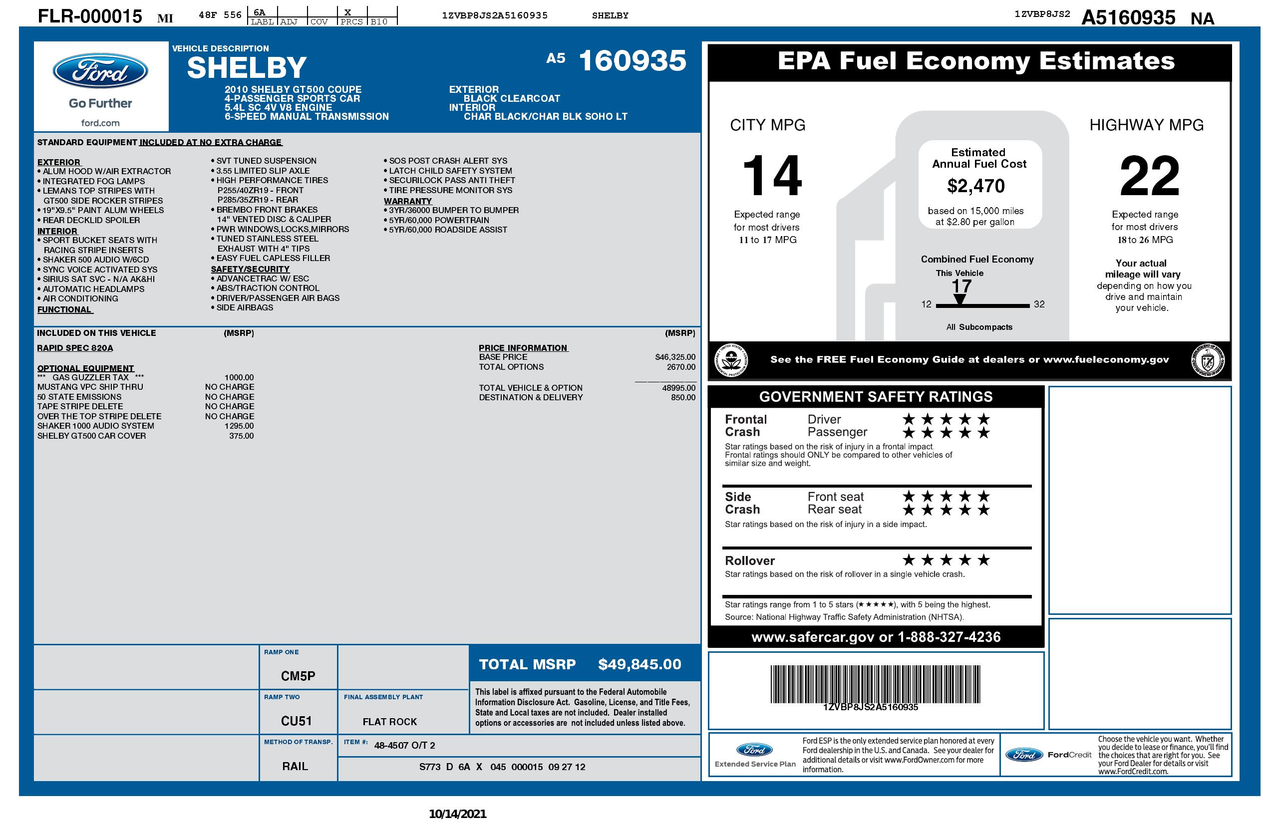 Window Sticker for 2010 Ford Mustang 2dr Cpe Shelby Gt500