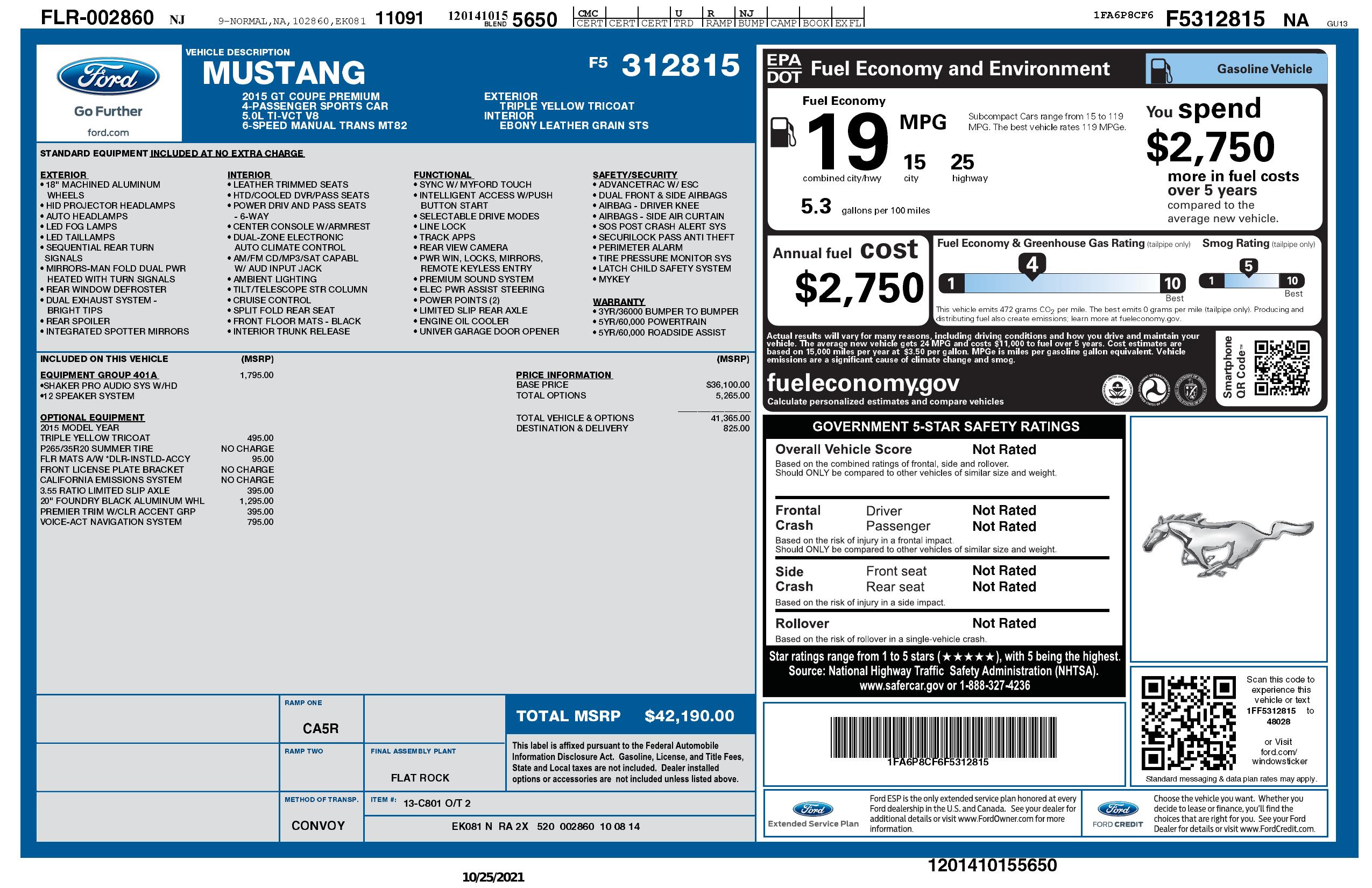Window Sticker for 2015 Ford Mustang 2dr Fastback Gt