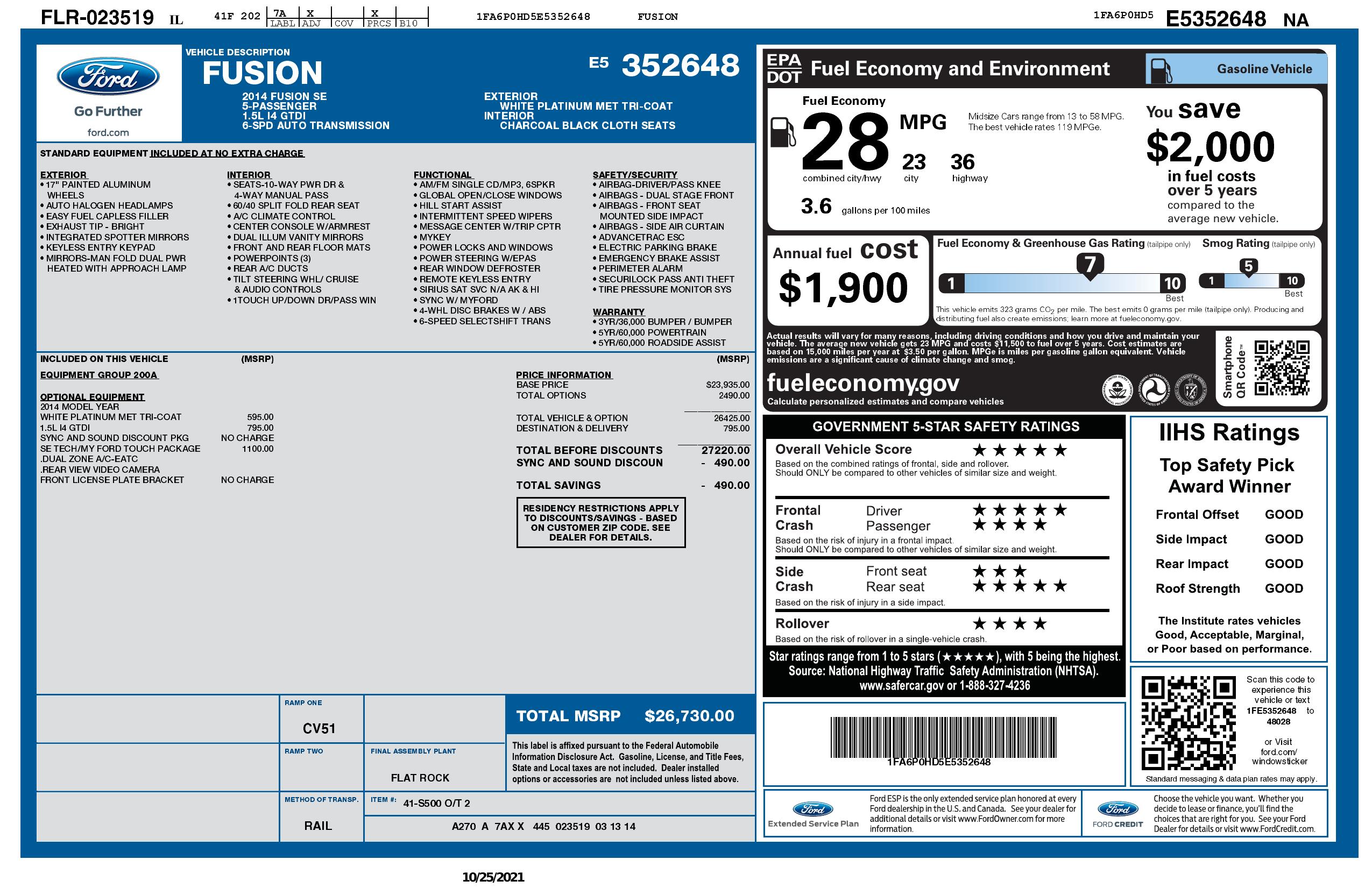 Window Sticker for 2014 Ford Fusion 4dr Sdn Se Fwd