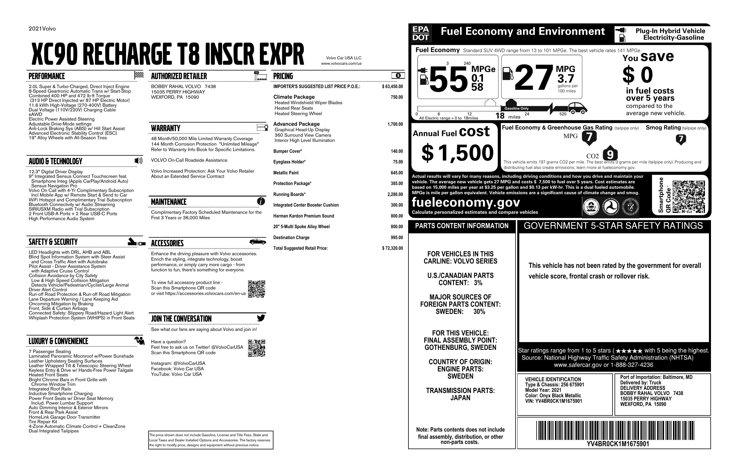 Window Sticker for 2021 Volvo Xc90 Recharge T8 E Awd Phev Inscription 7 P
