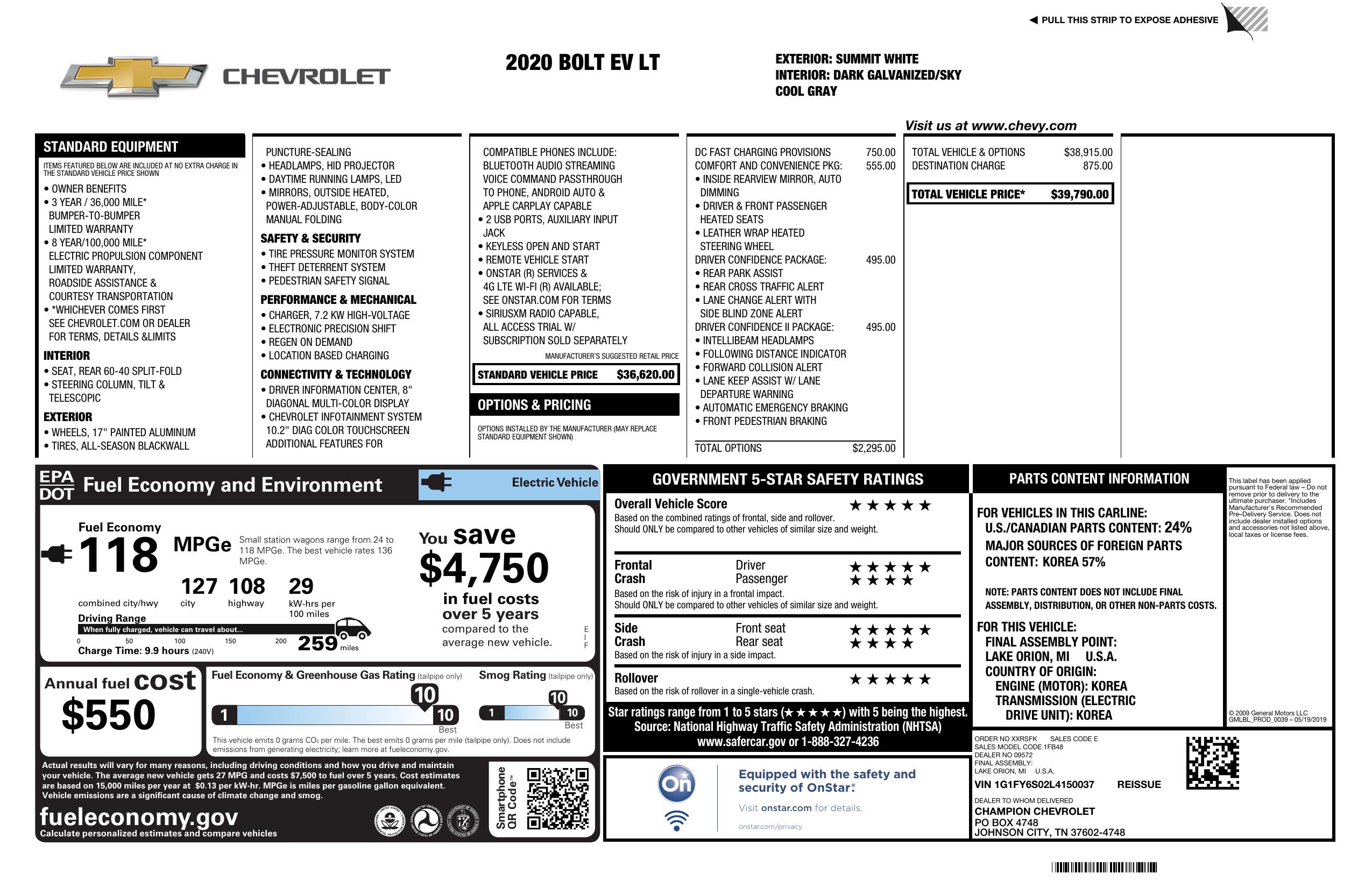 Window Sticker for 2020 Chevrolet Bolt Ev 5dr Wgn Lt