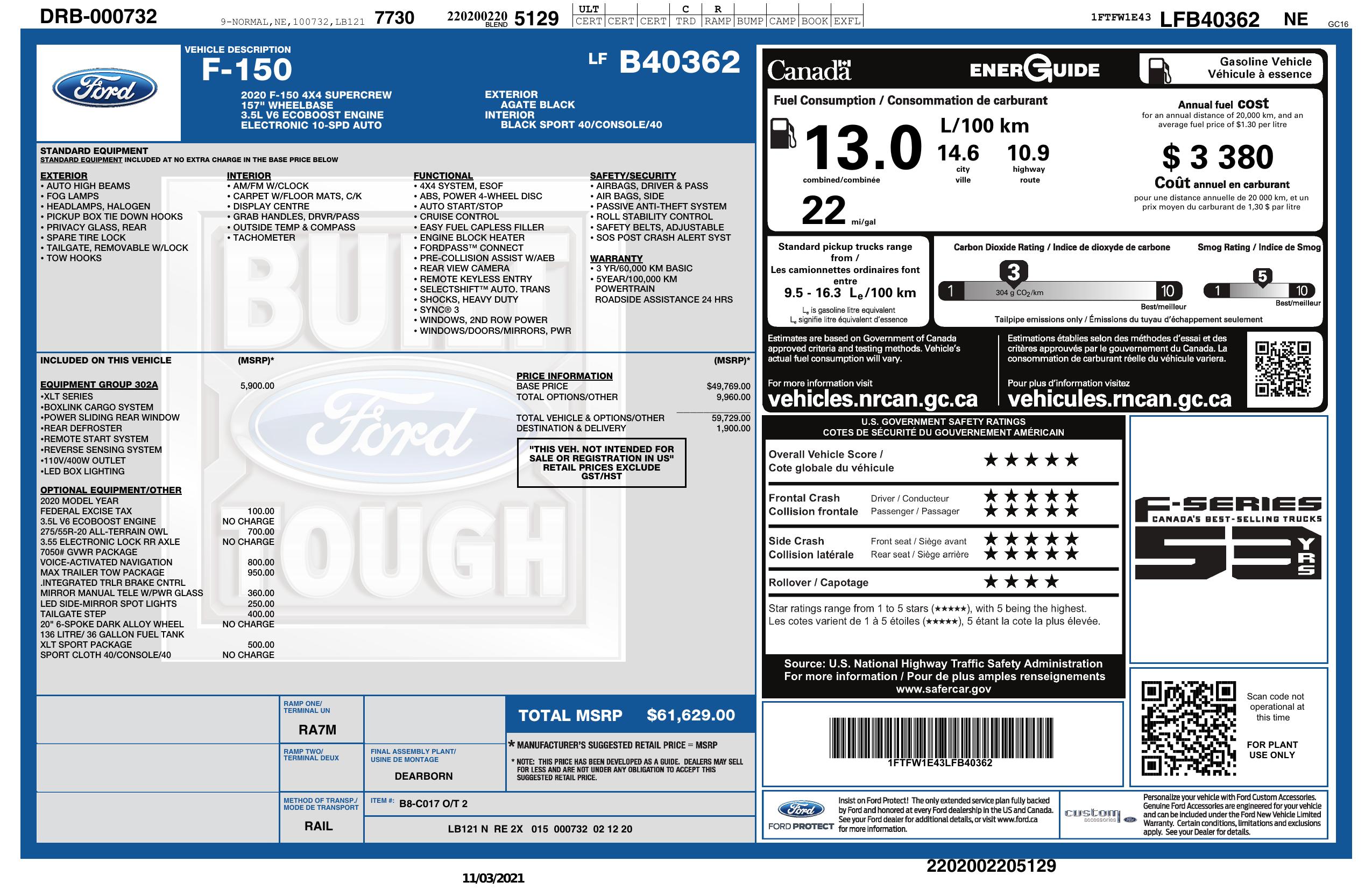 Window Sticker for 2020 Ford F 150