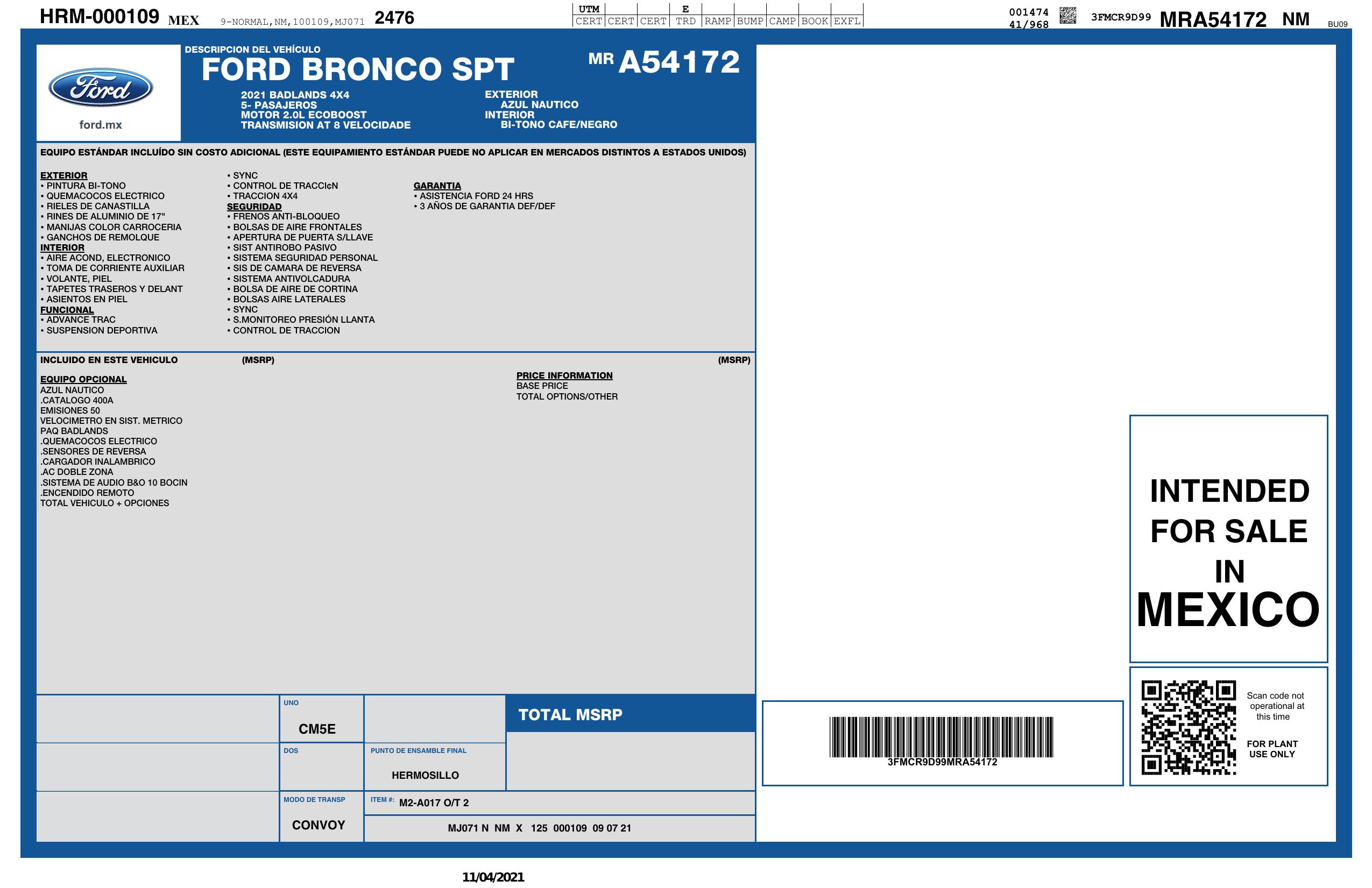 Window Sticker for 2021 Ford Bronco Sport Badlands 4x4 *Ltd Avail*