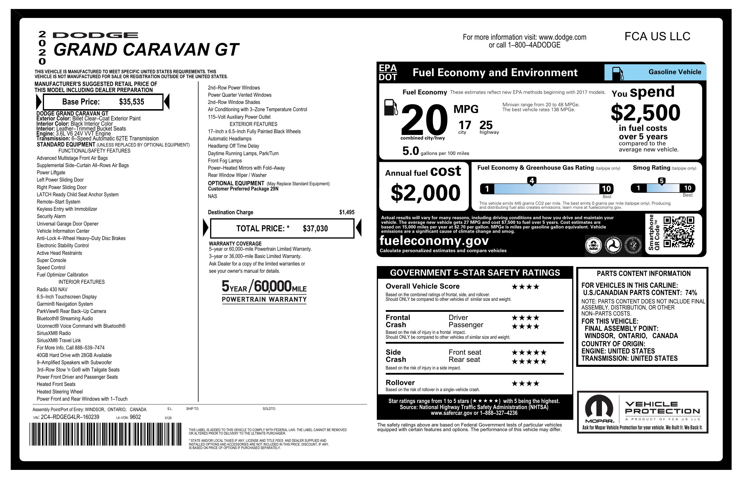 Window Sticker for 2020 Dodge Grand Caravan Gt Wagon