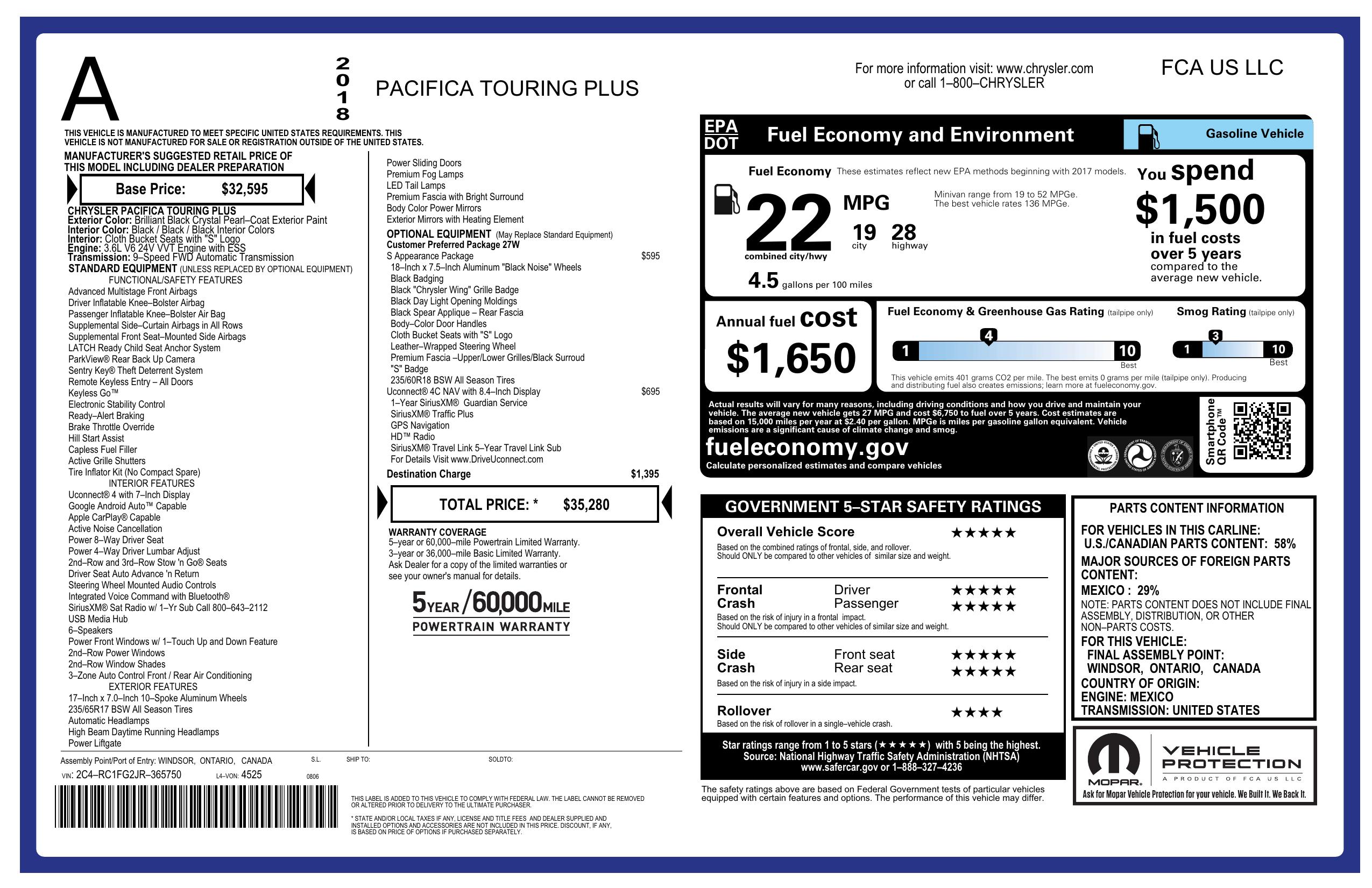 Window Sticker for 2018 Chrysler Pacifica Touring Plus Fwd