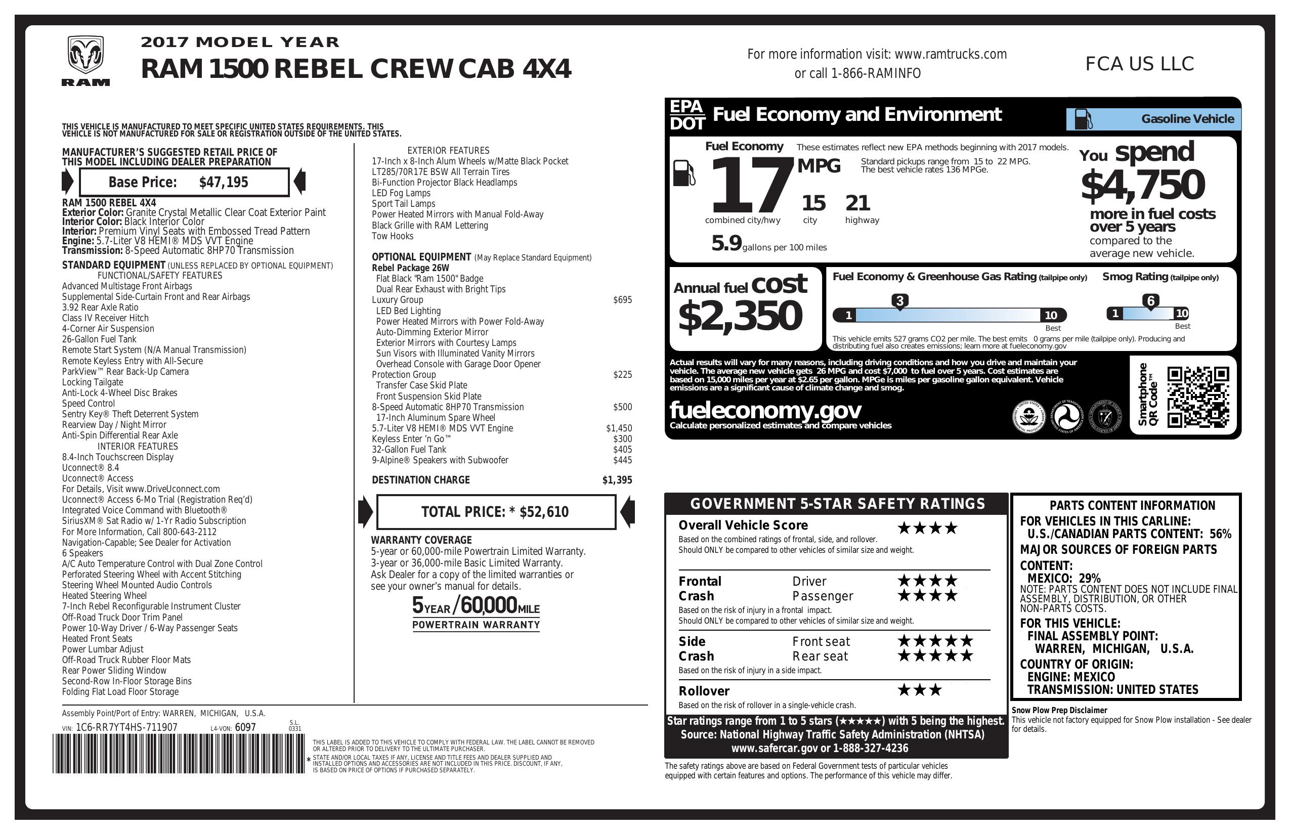 Window Sticker for 2017 Ram 1500 Rebel 4x4 Crew Cab 5'7" Box