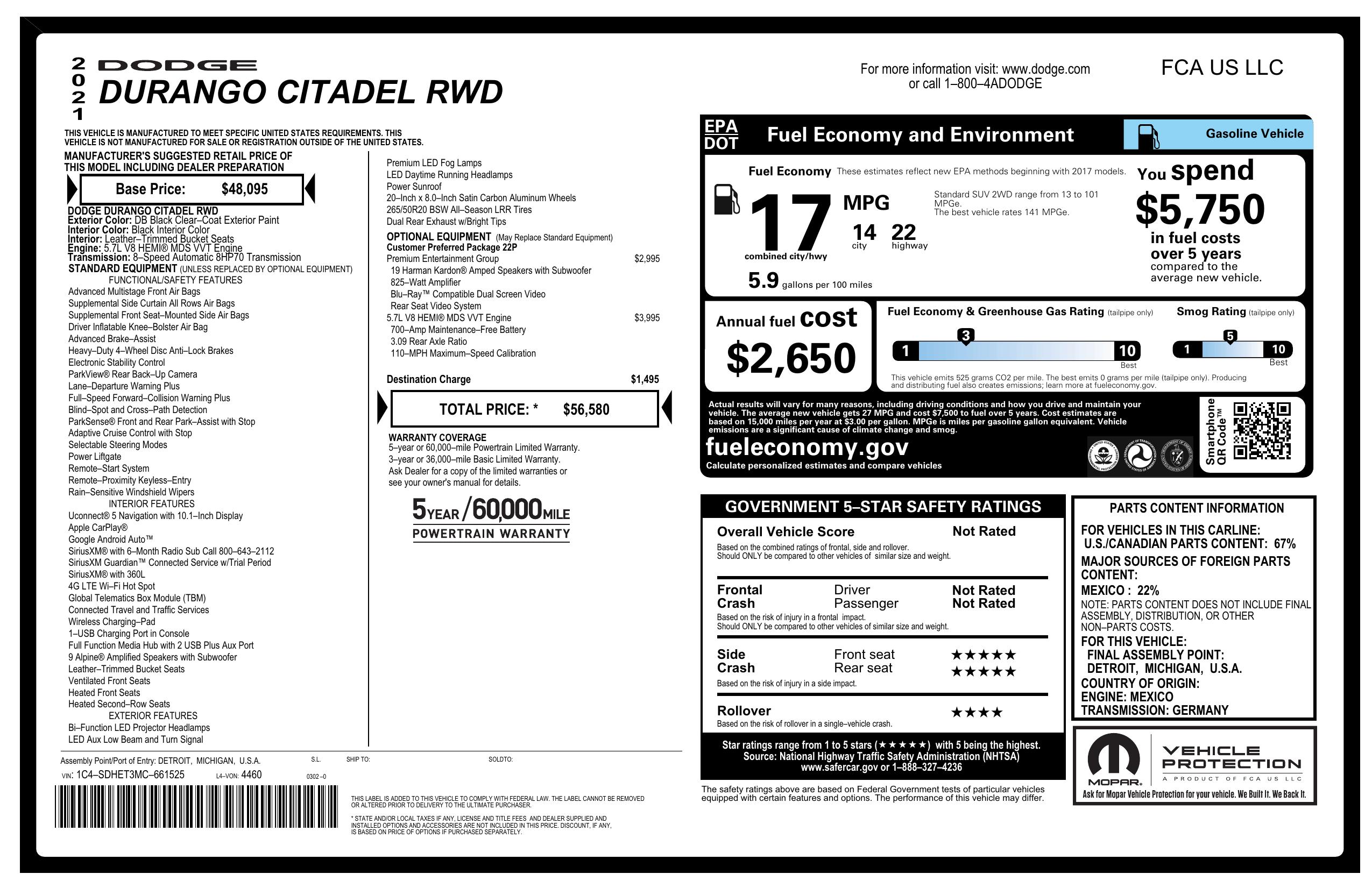 Window Sticker for 2021 Dodge Durango Citadel Rwd