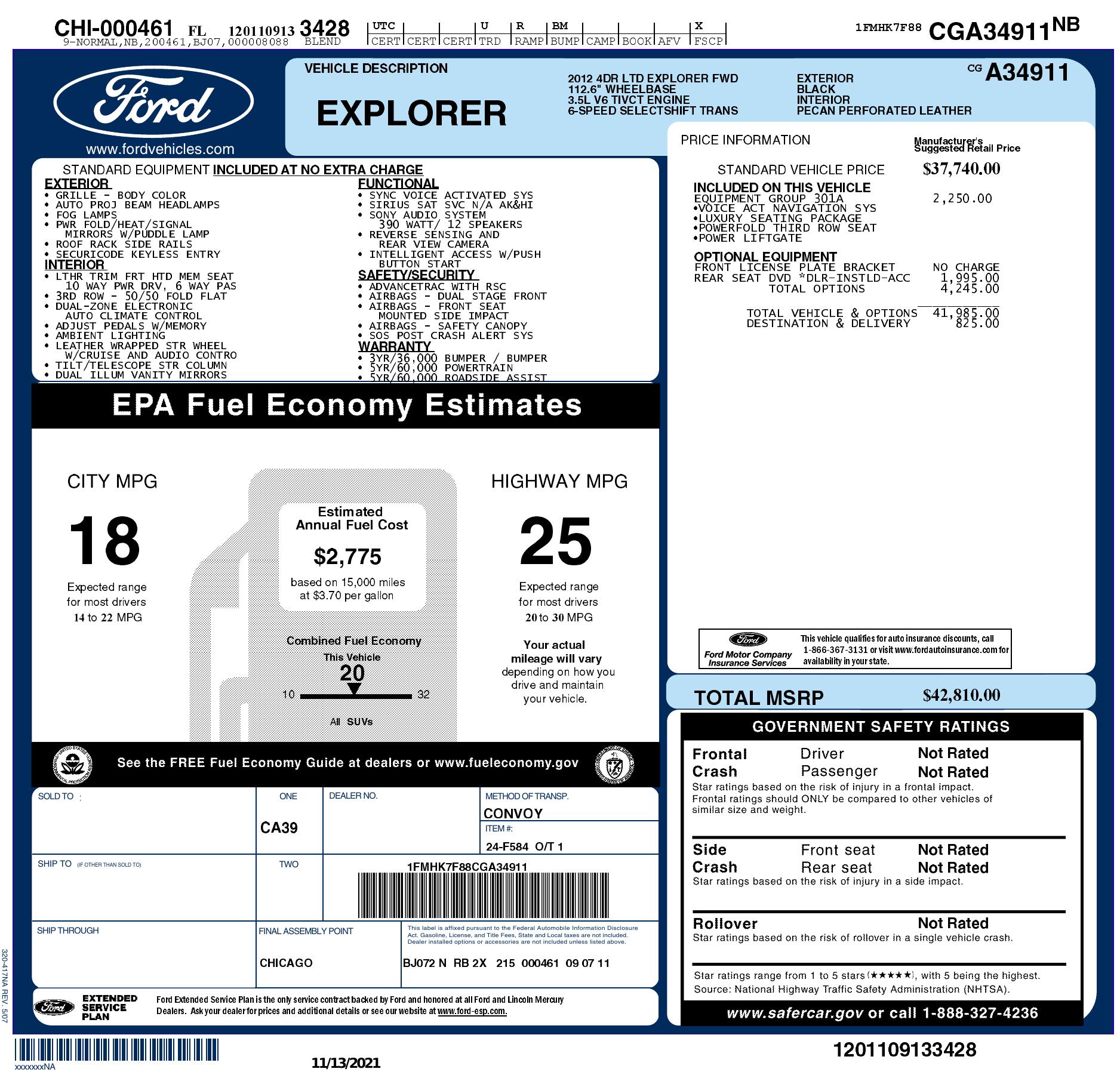Window Sticker for 2012 Ford Explorer Fwd 4dr Limited