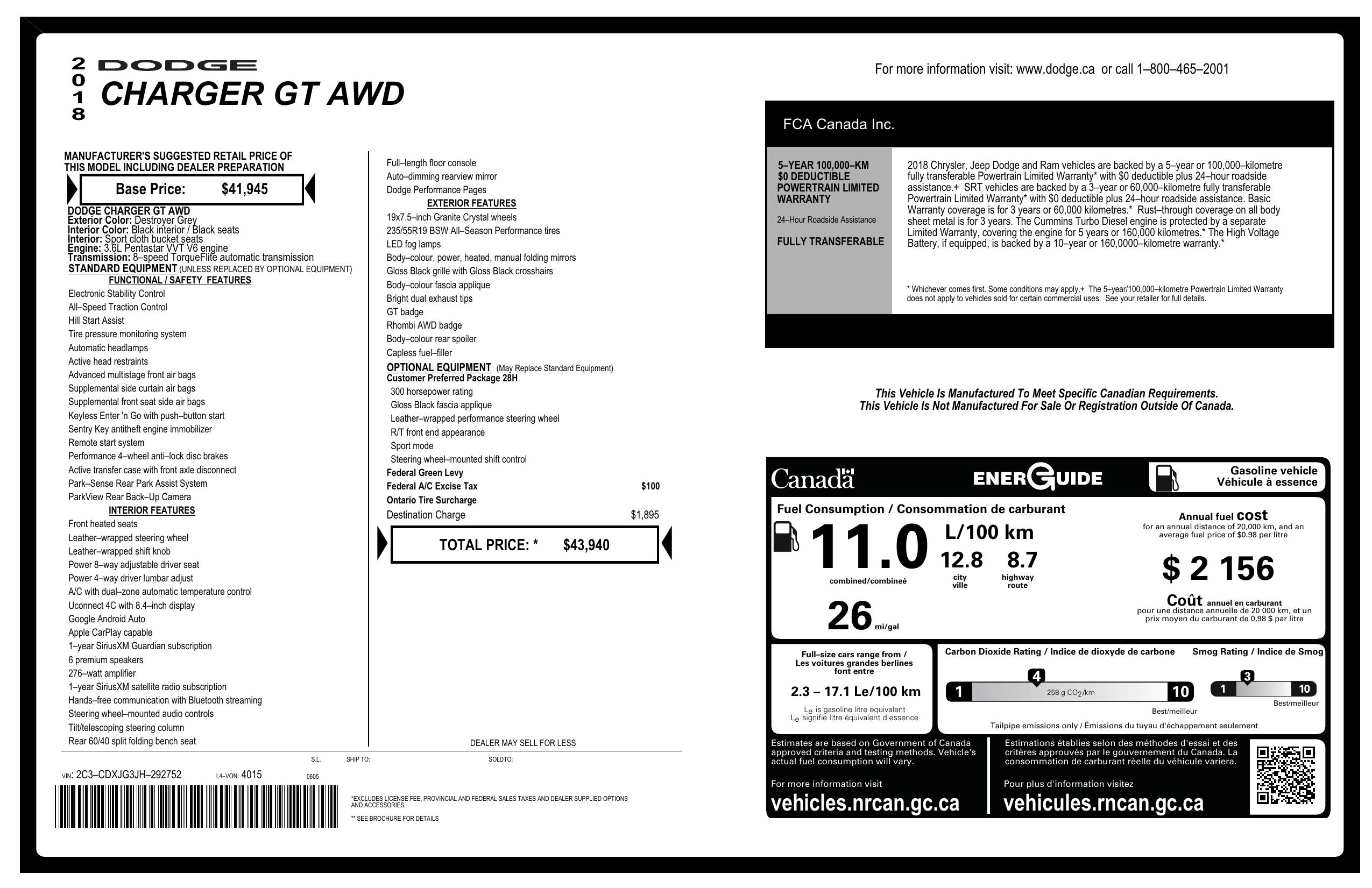 Window Sticker for 2018 Dodge Charger Gt Awd