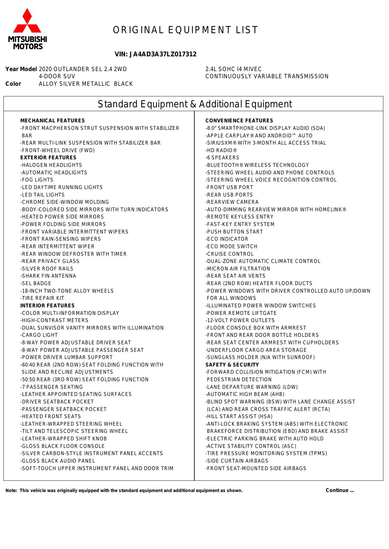 Window Sticker for 2020 Mitsubishi Outlander Fwd