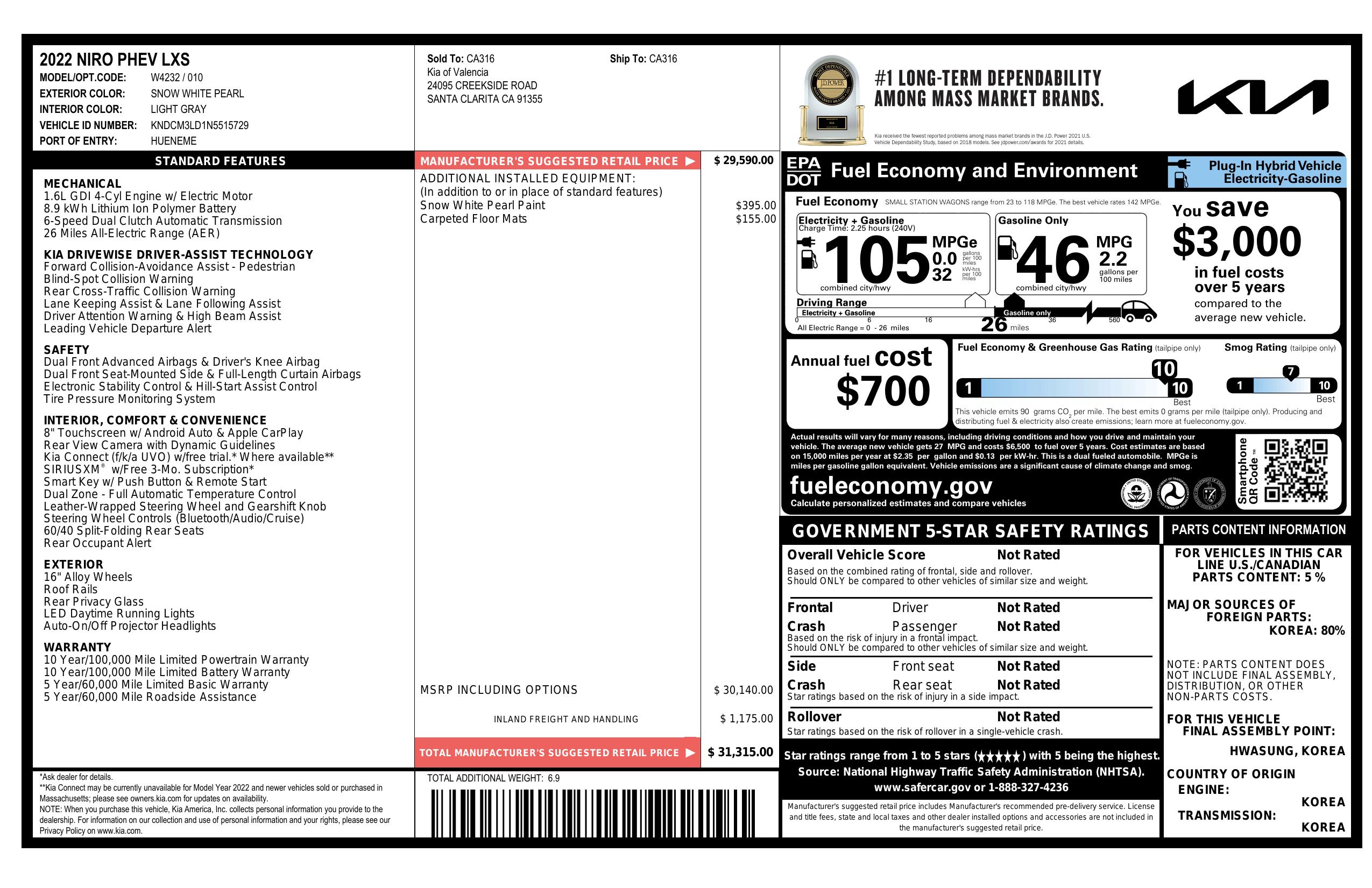 Window Sticker for 2022 Kia Niro Plug In Hybrid Lxs Fwd