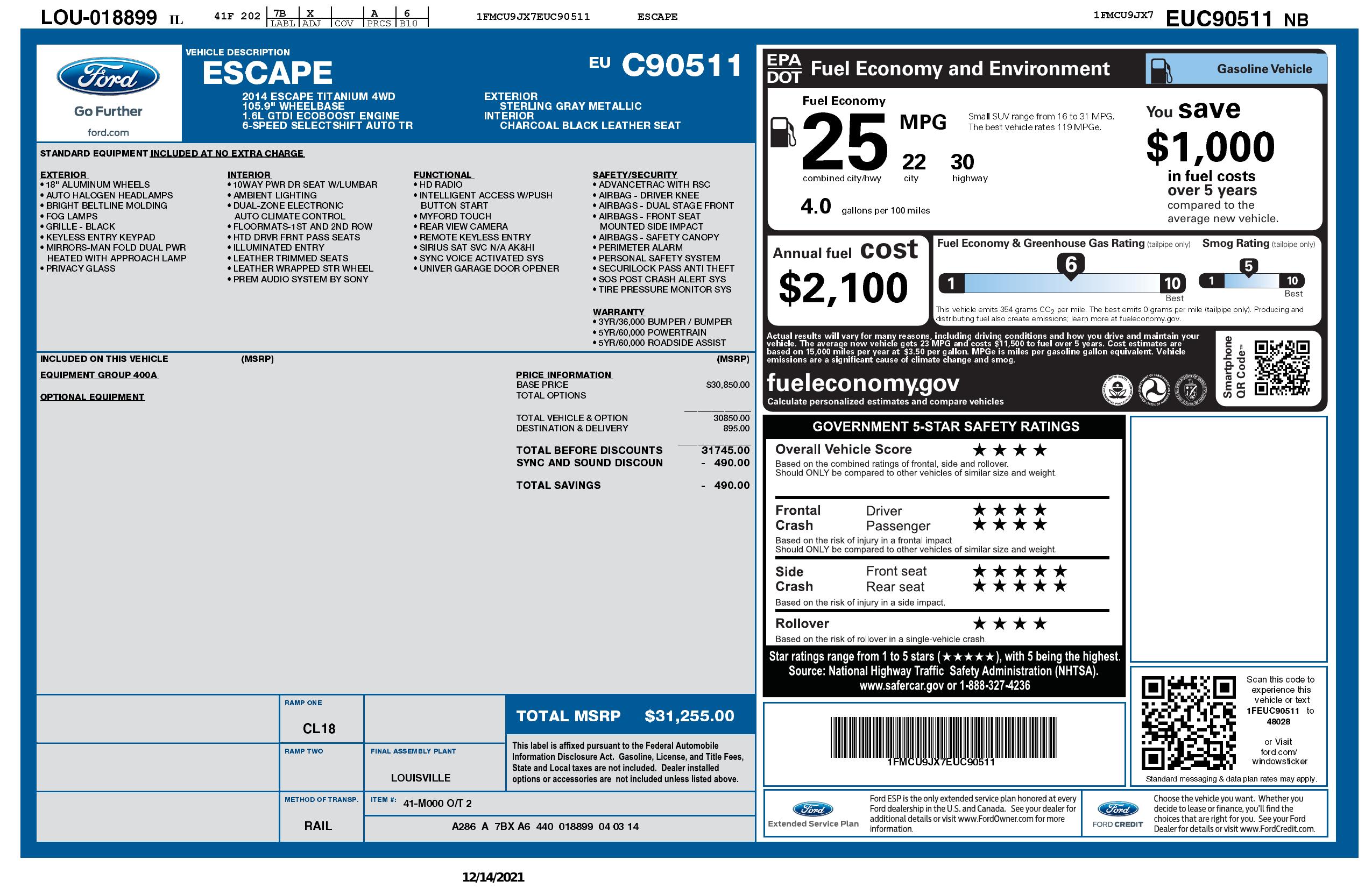 Window Sticker for 2014 Ford Escape 4 Wd 4dr Titanium