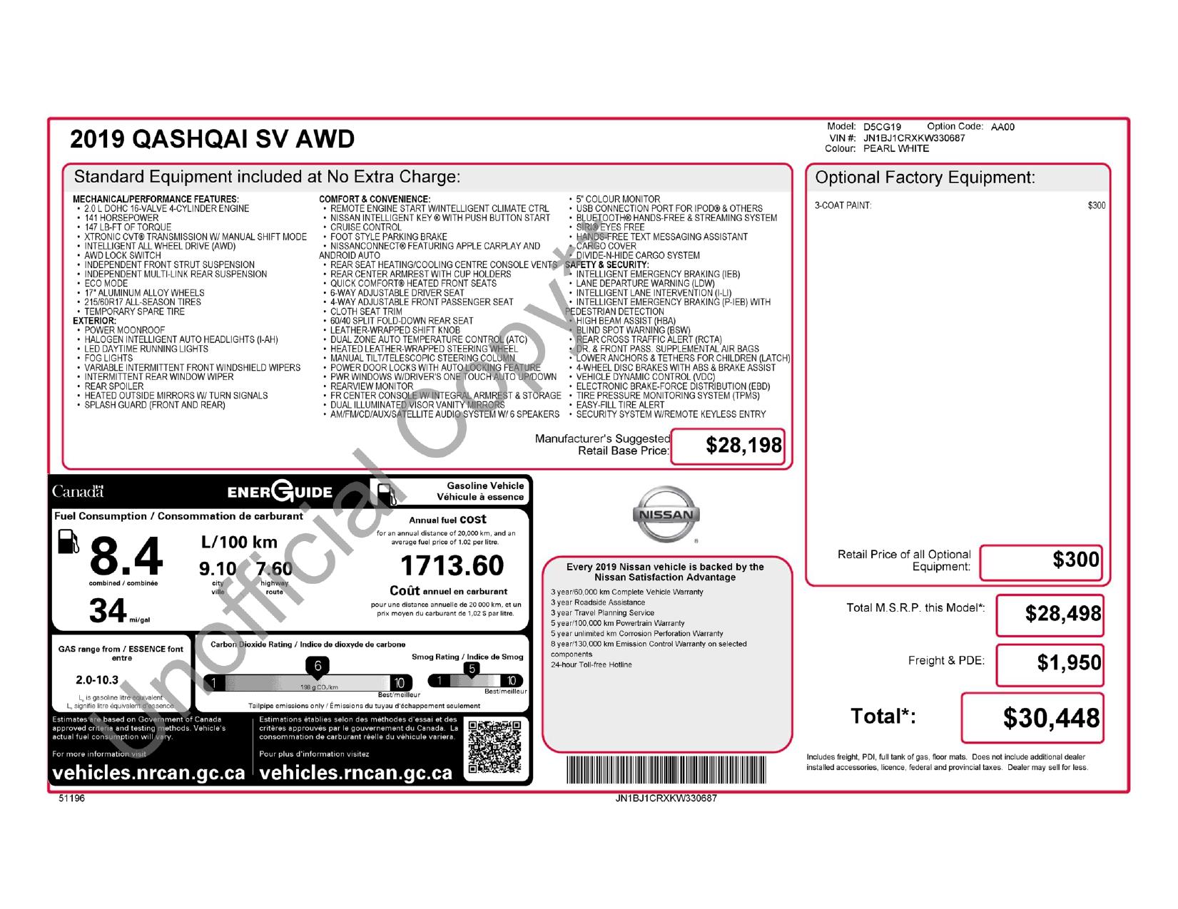 Window Sticker for 2019 Nissan Rogue Sport Awd