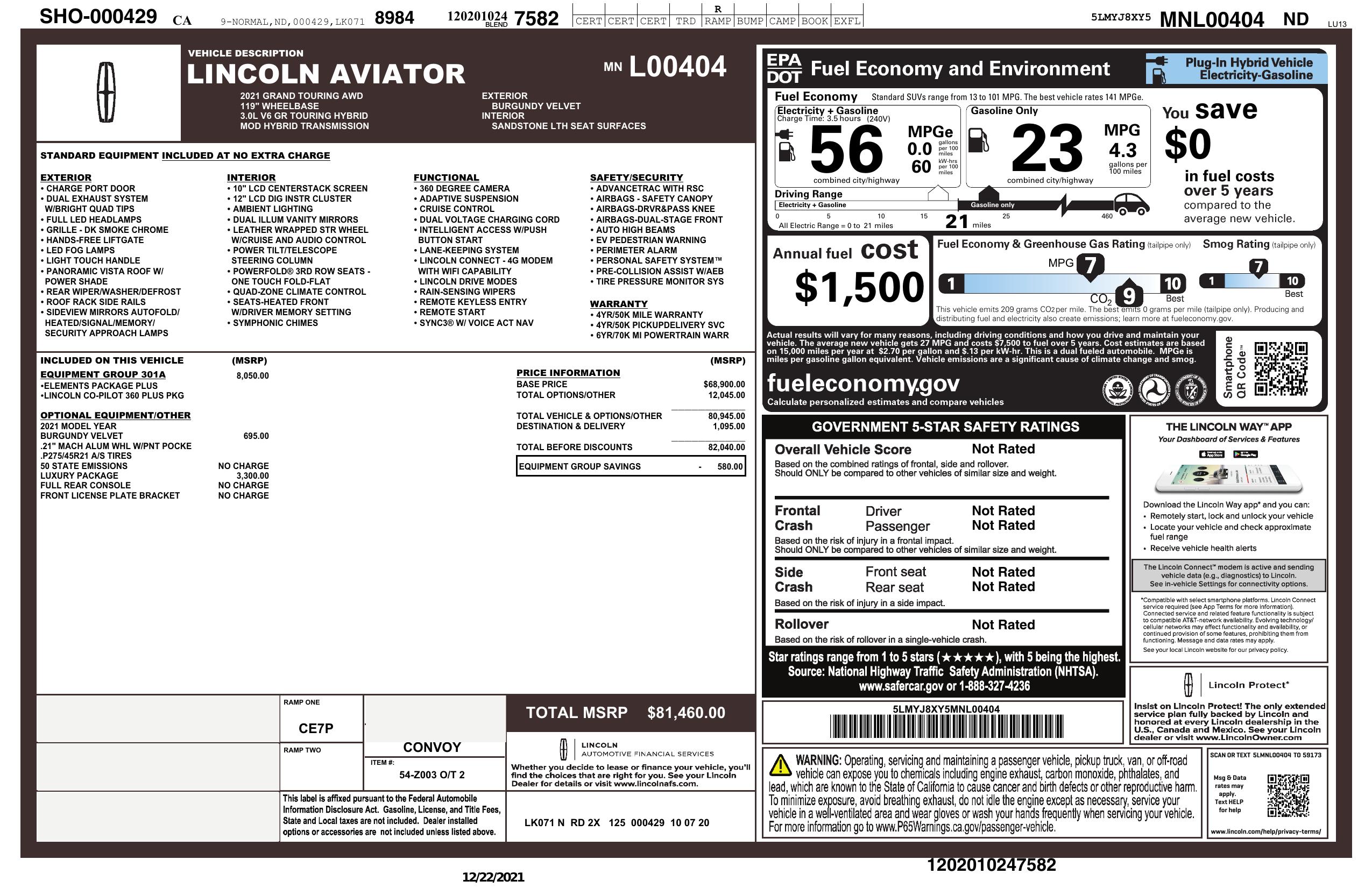 Window Sticker for 2021 Lincoln Aviator Grand Touring Awd
