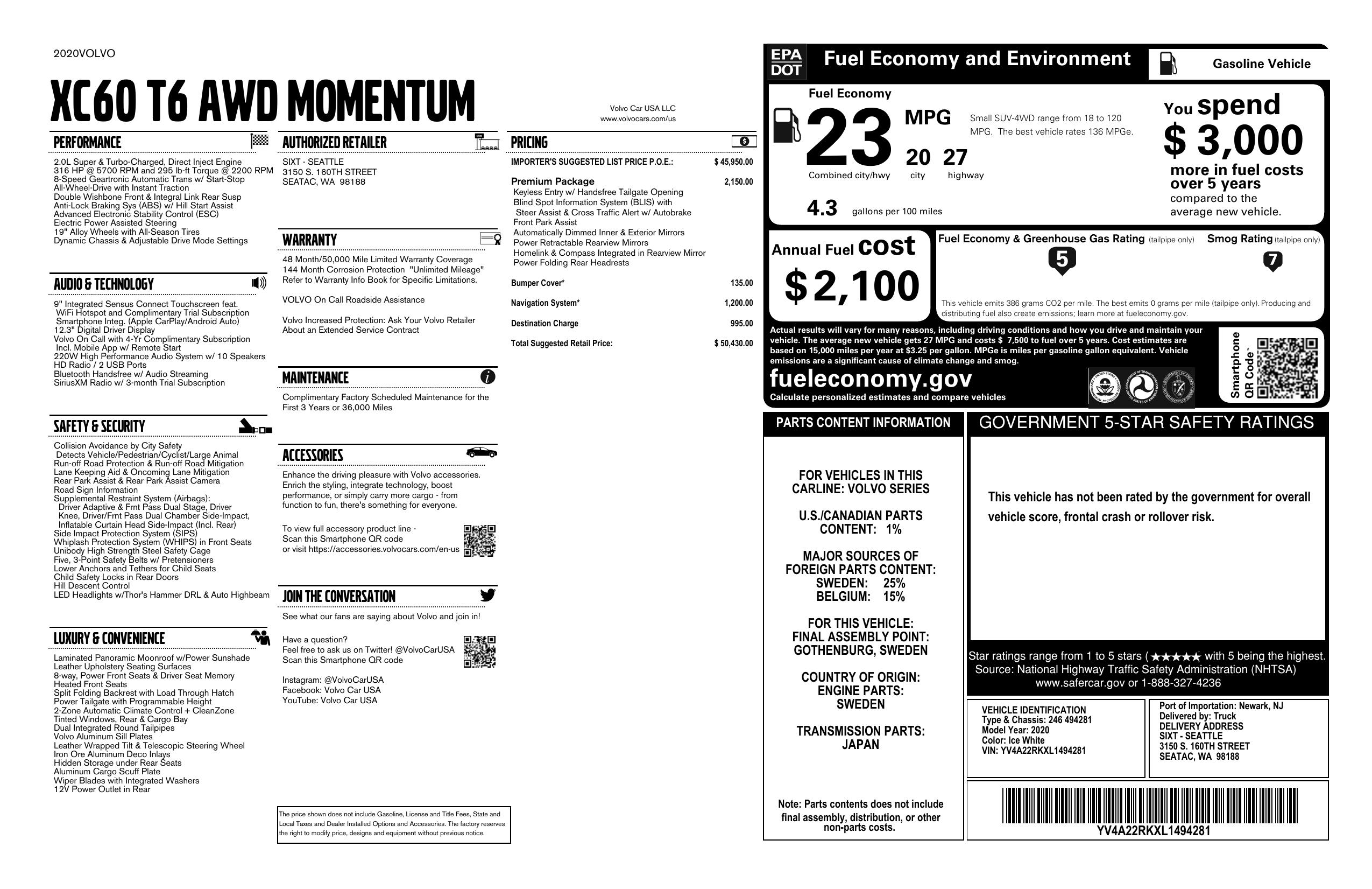 Window Sticker for 2020 Volvo Xc60 T6 Awd Momentum