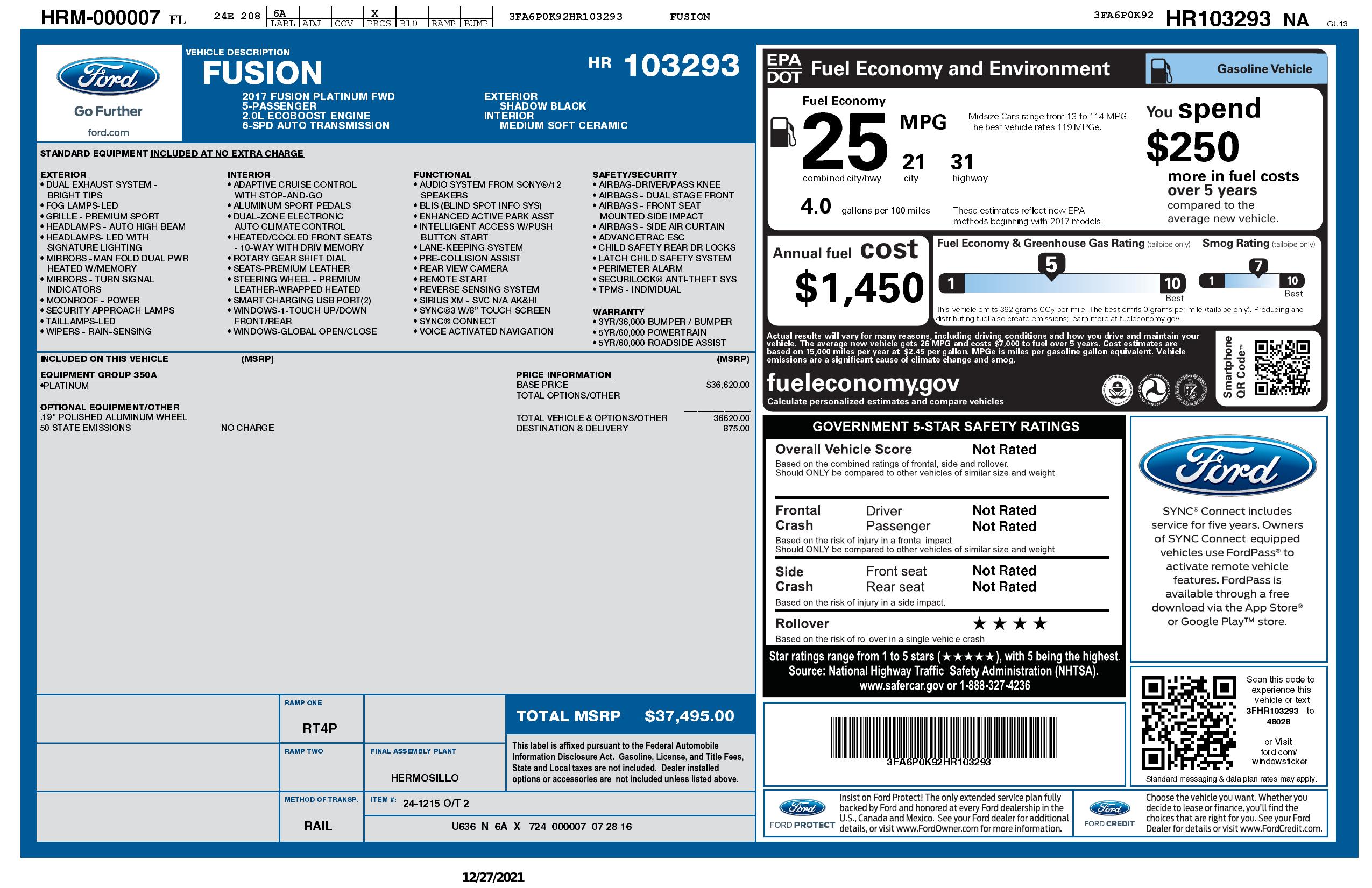 Window Sticker for 2017 Ford Fusion Fwd