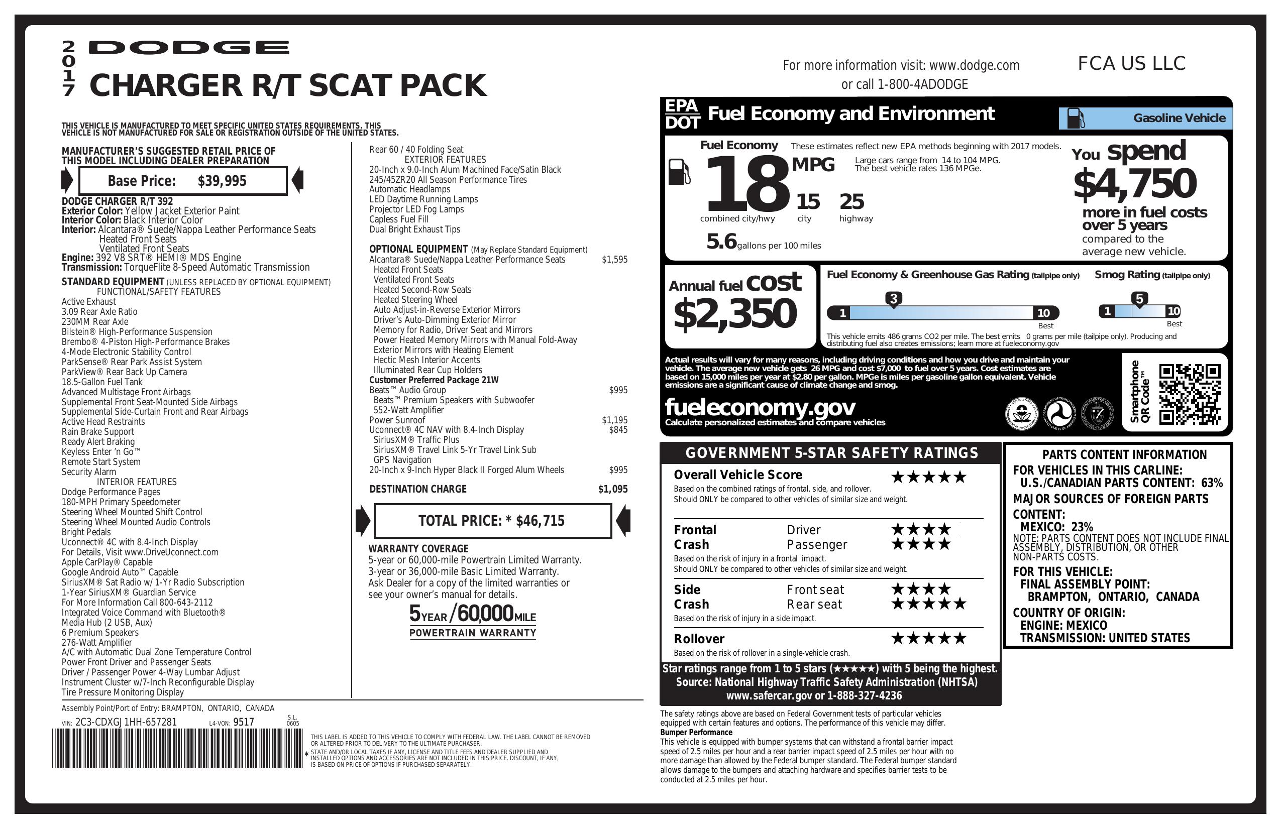 Window Sticker for 2017 Dodge Charger R/T Scat Pack Rwd