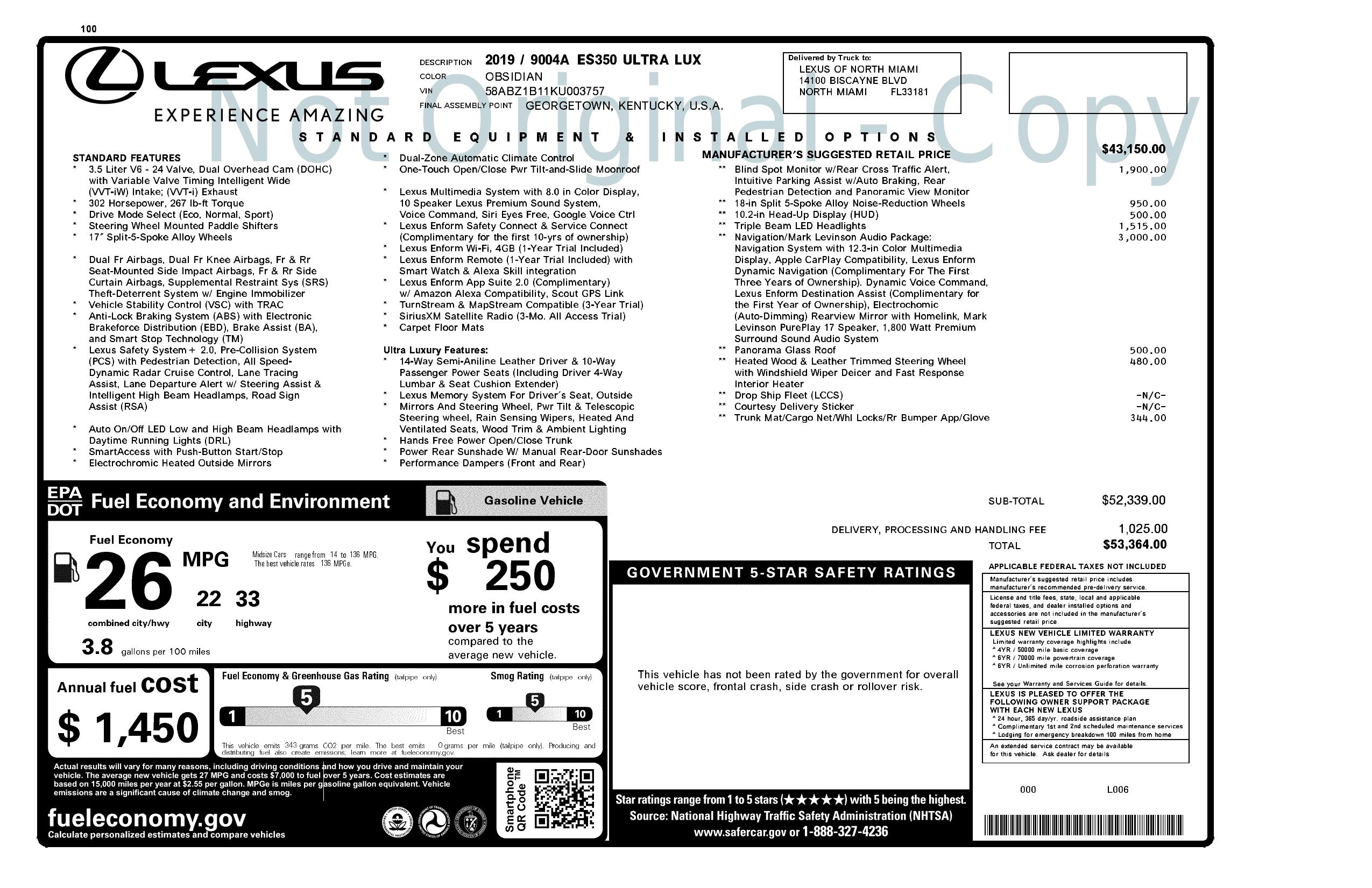 Window Sticker for 2019 Lexus Es Es 350 Fwd