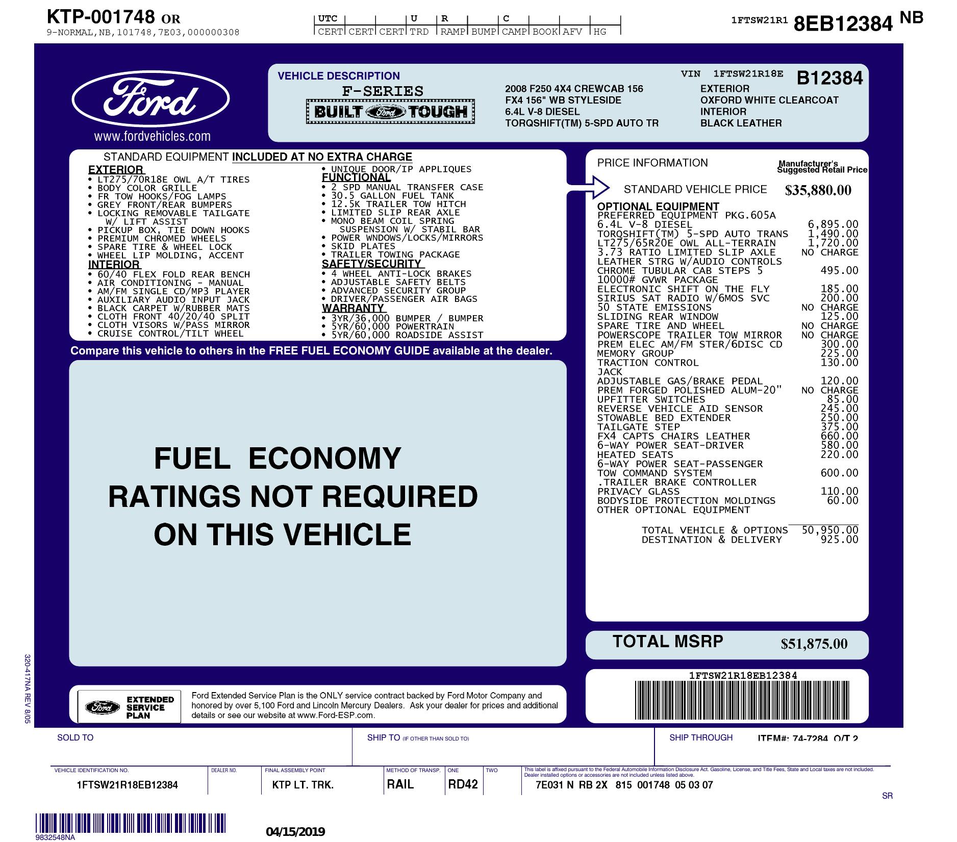 Window Sticker for 2008 Ford Super Duty F 250 Srw