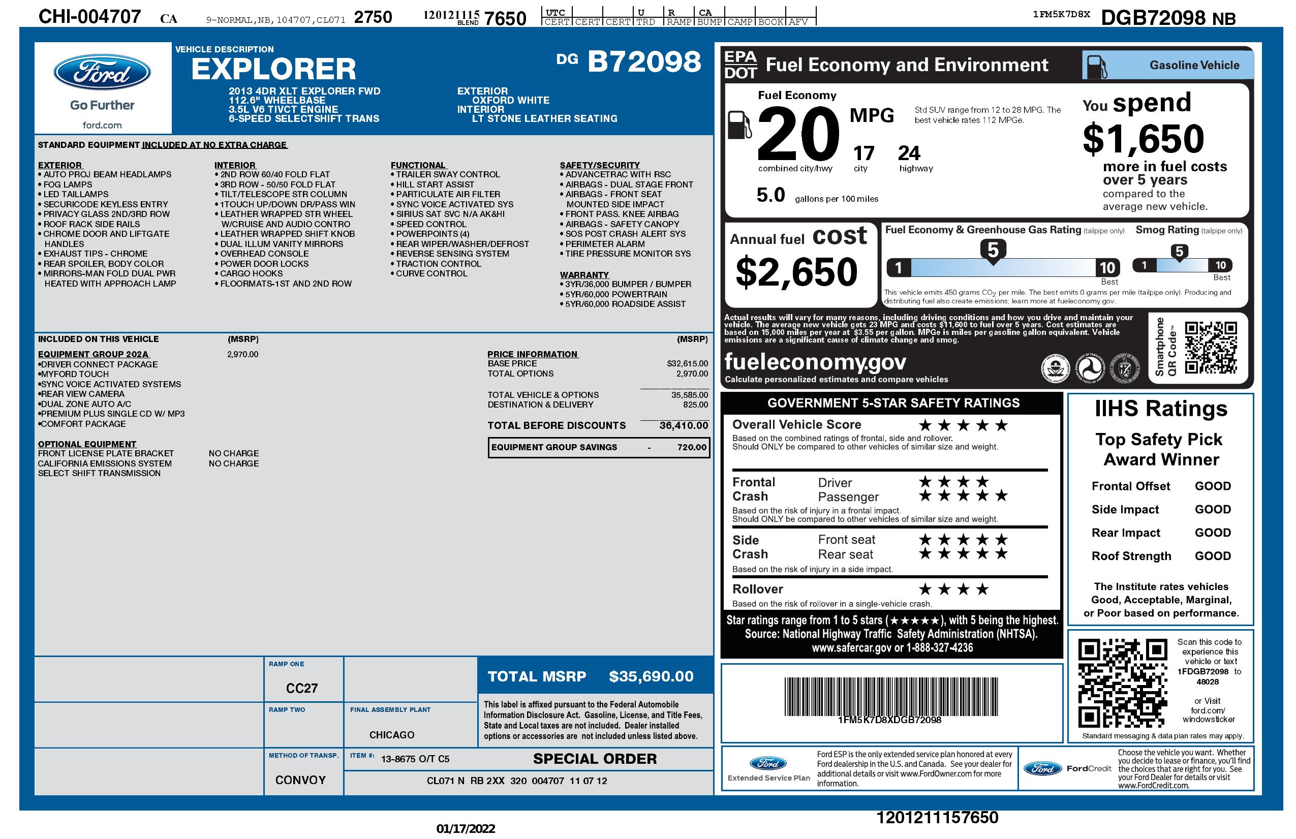 Window Sticker for 2013 Ford Explorer Fwd 4dr Xlt